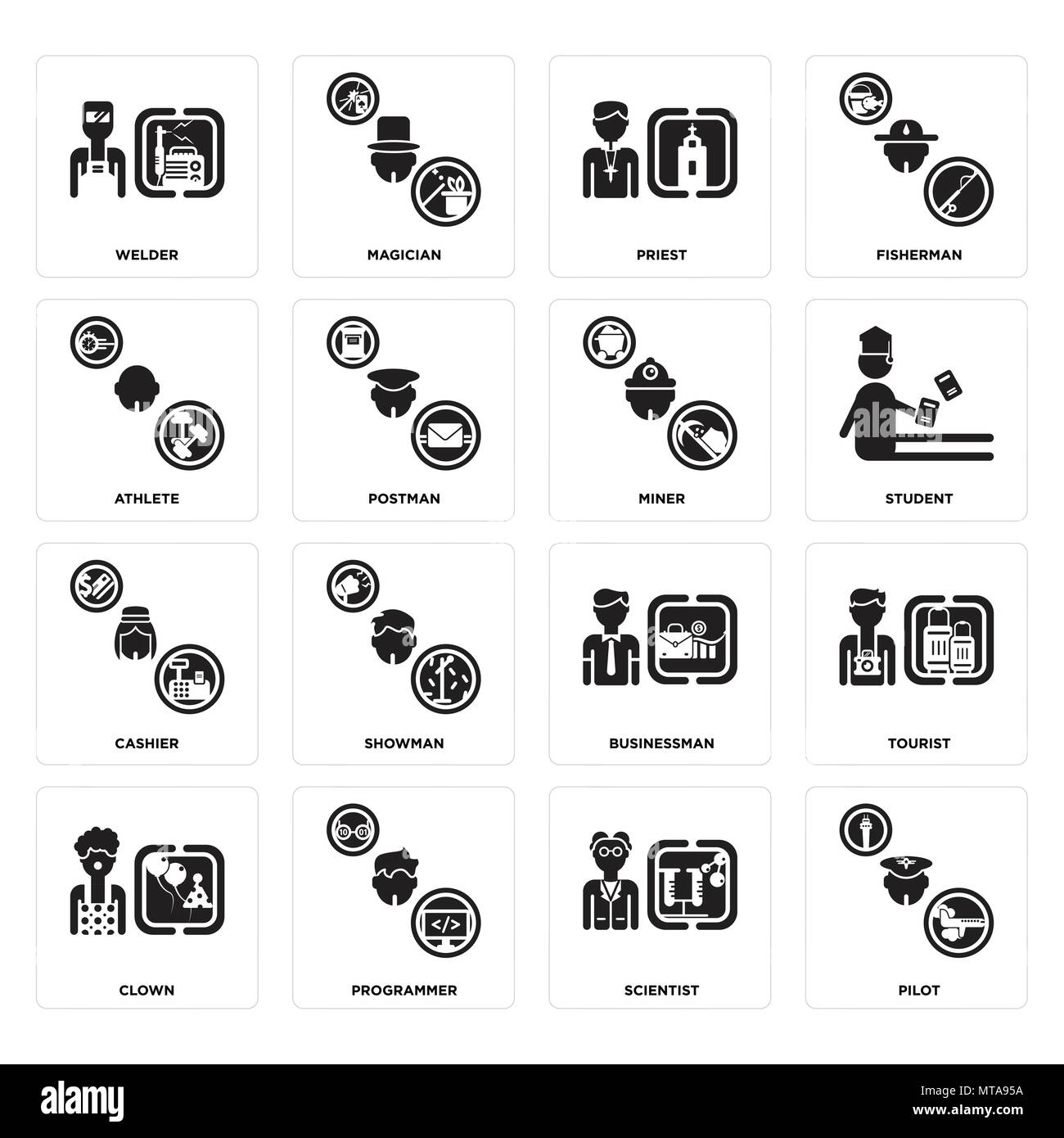 Set Of 16 simple editable icons such as Pilot, Scientist, Programmer ...
