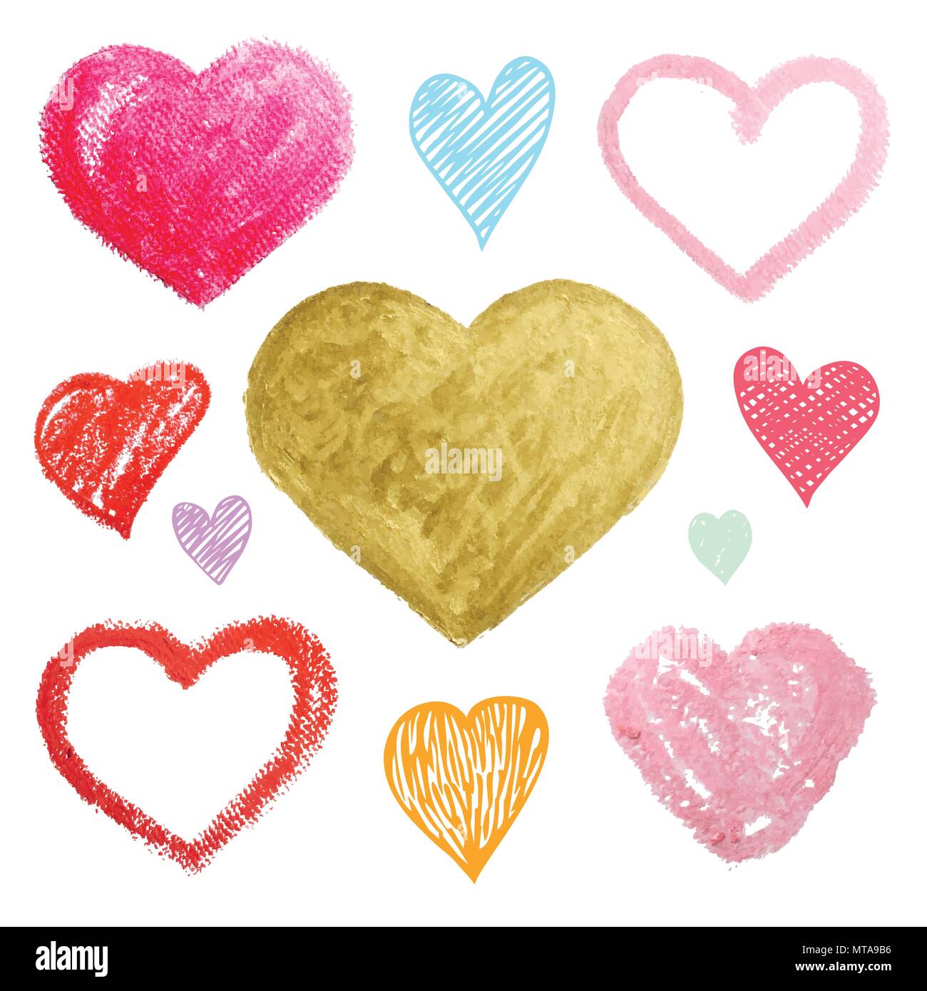 Vector set of colored hearts in different shapes and styles over white ...