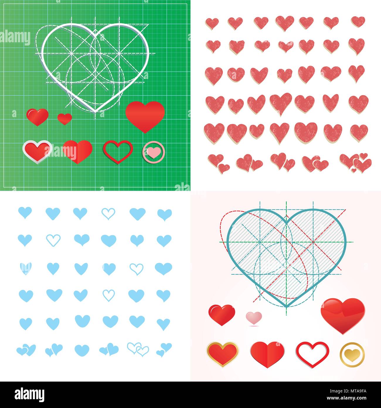 Vector set of colored hearts in different shapes and styles Stock ...
