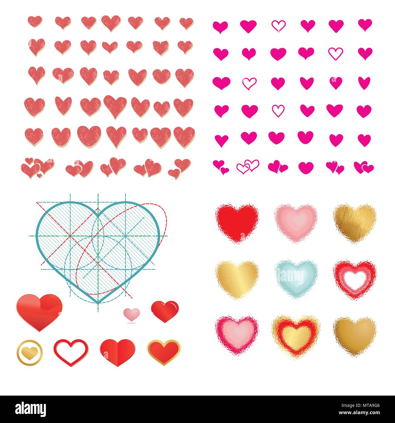 Vector set of colored hearts in different shapes and styles Stock ...