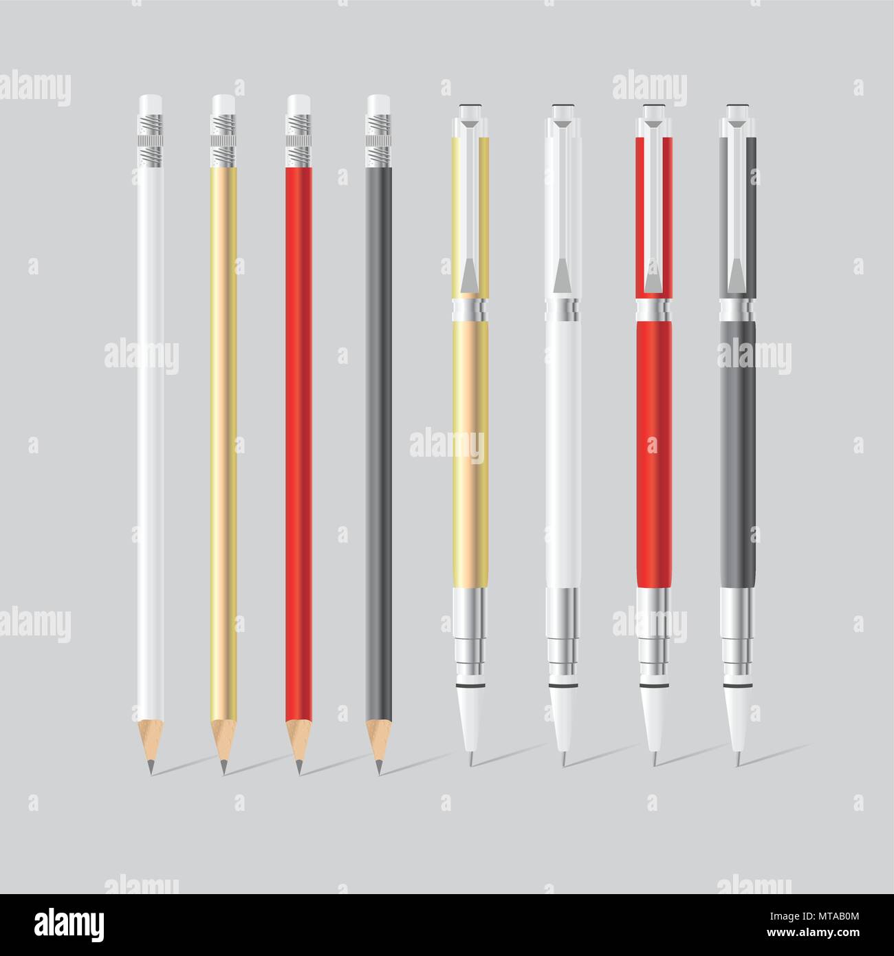 Big set of colored pens and pencils with erasers, vector illustration ...