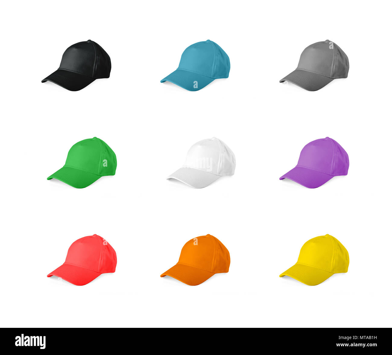 Set of colored baseball caps on a white background Stock Photo - Alamy