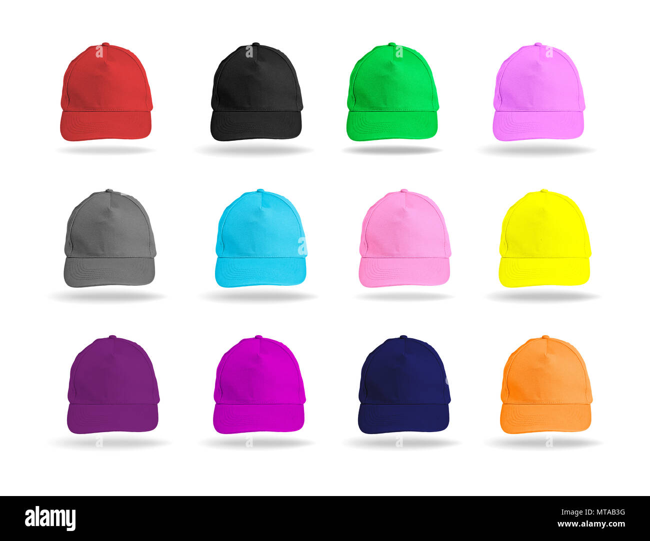 Set of colored baseball caps on a white background Stock Photo - Alamy