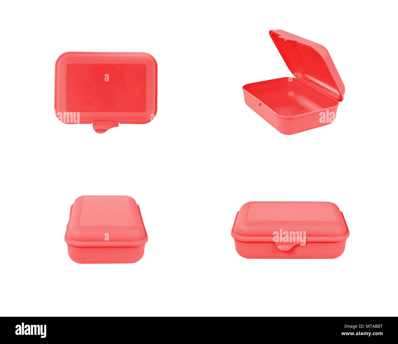 Red plastic box package isolated on white background. Front, top, side ...