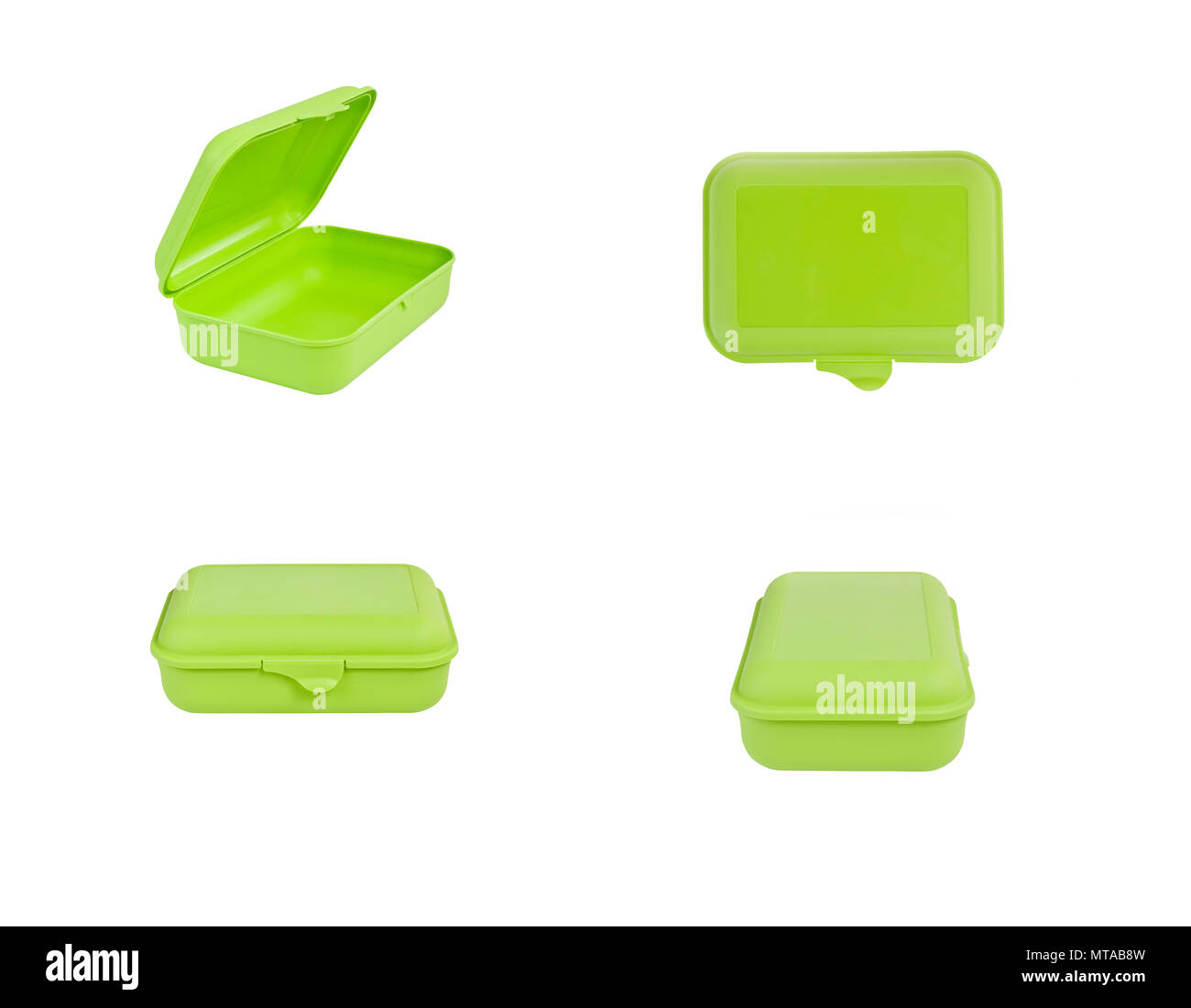 Green plastic box package isolated on white background. Front, top ...