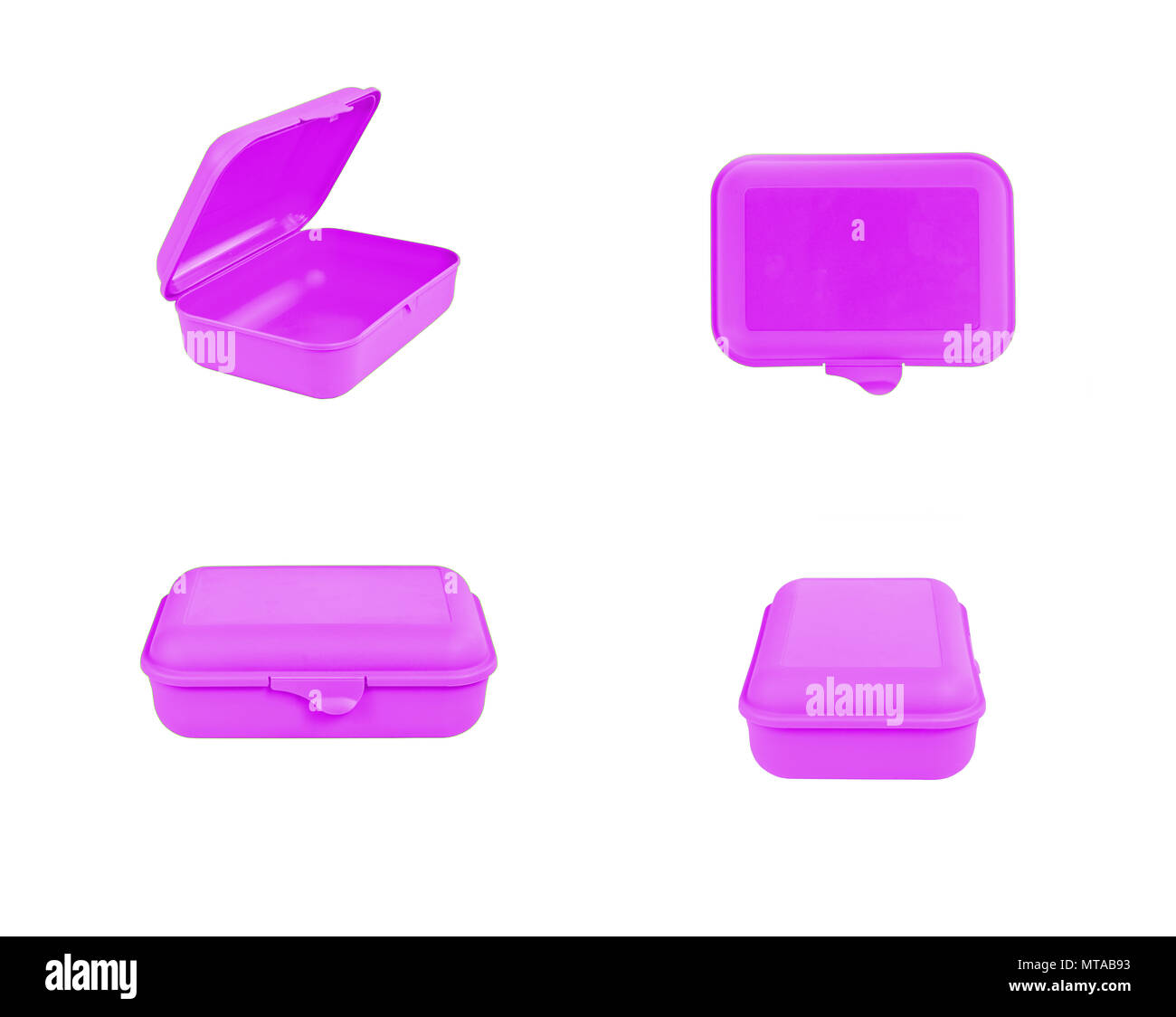 Pink plastic box package isolated on white background. Front, top, side ...