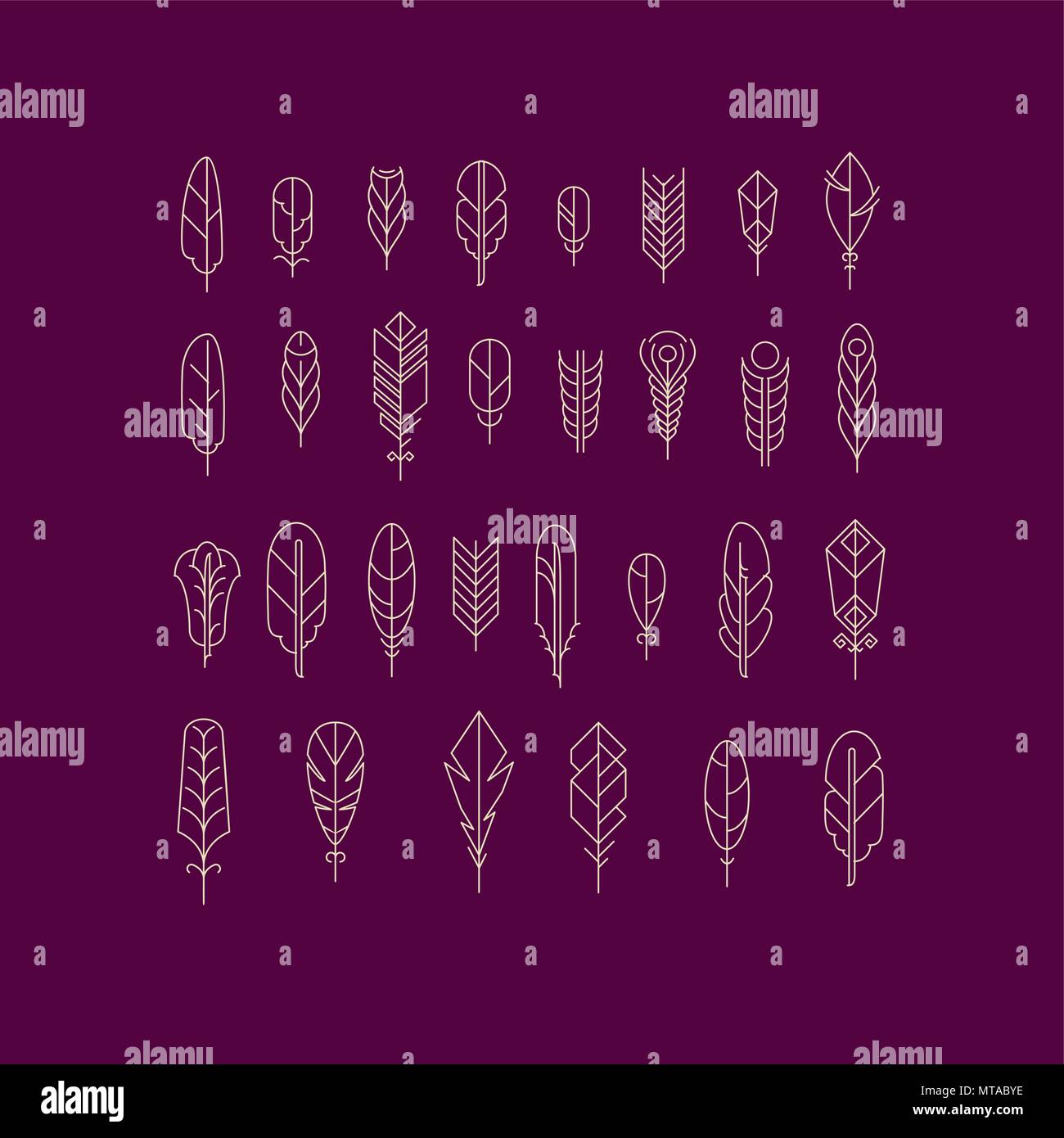 Graphical line feathers set. Design elements or linear signs Stock ...