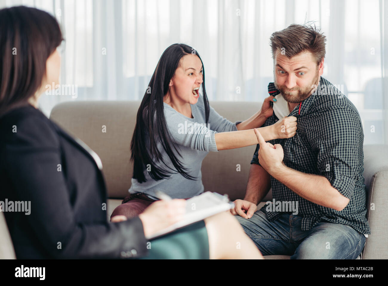 Crazy couple, patients at psychotherapist reception, civilized solution ...