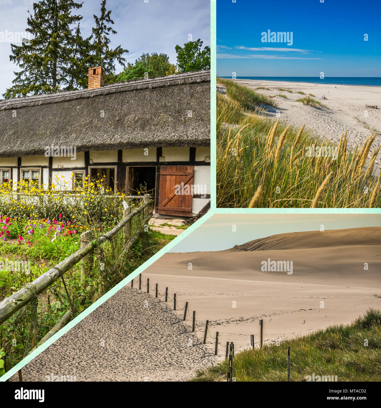 Collage of beautiful sandy beach Leba, Baltic Sea, Poland Stock Photo ...