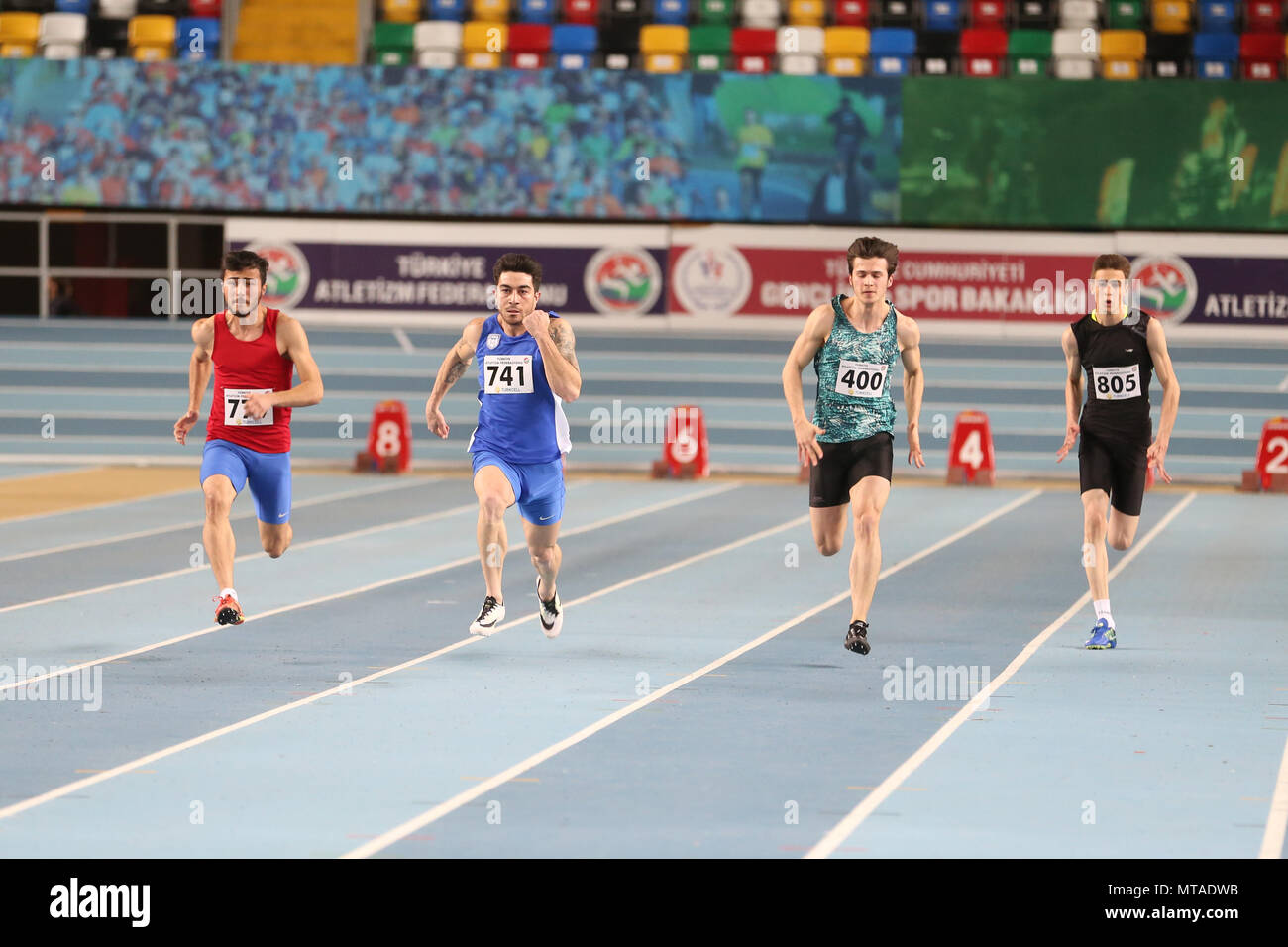 ISTANBUL, TURKEY - FEBRUARY 03, 2018: Athletes running 60 metres during ...
