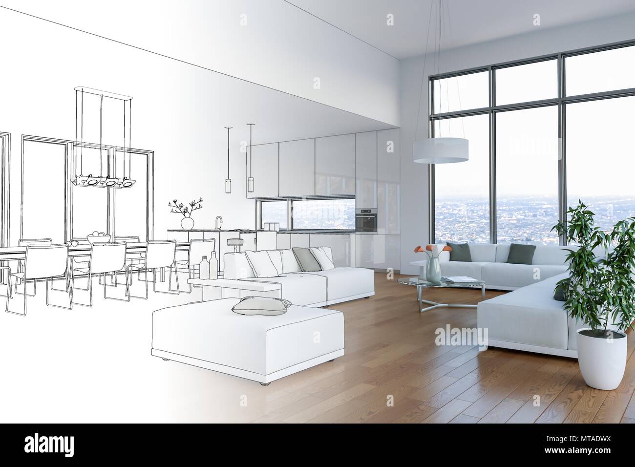 Interior Design Modern Loft Drawing Gradation Into Photograph Stock ...