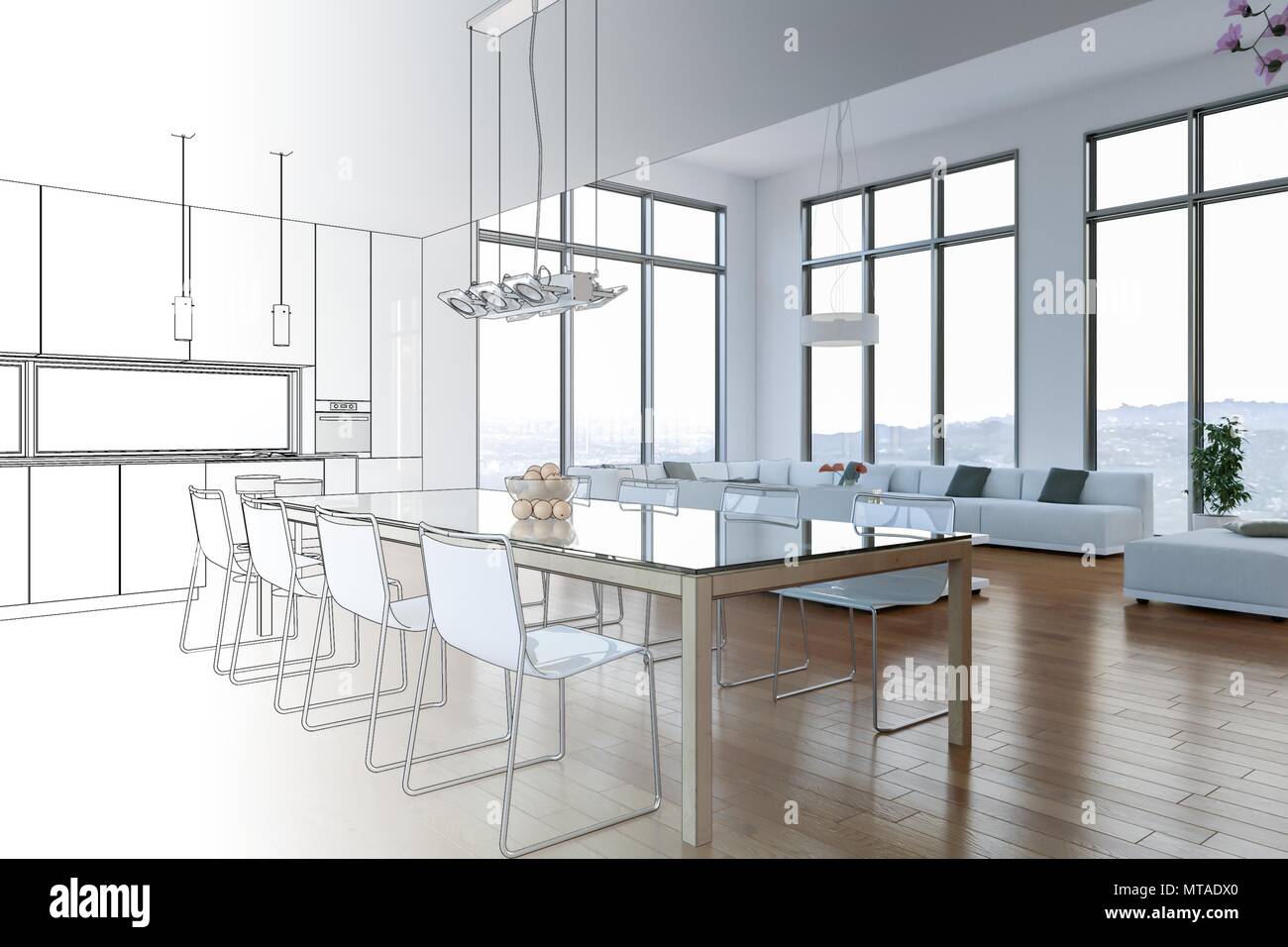 Interior Design Modern Loft Drawing Gradation Into Photograph Stock ...