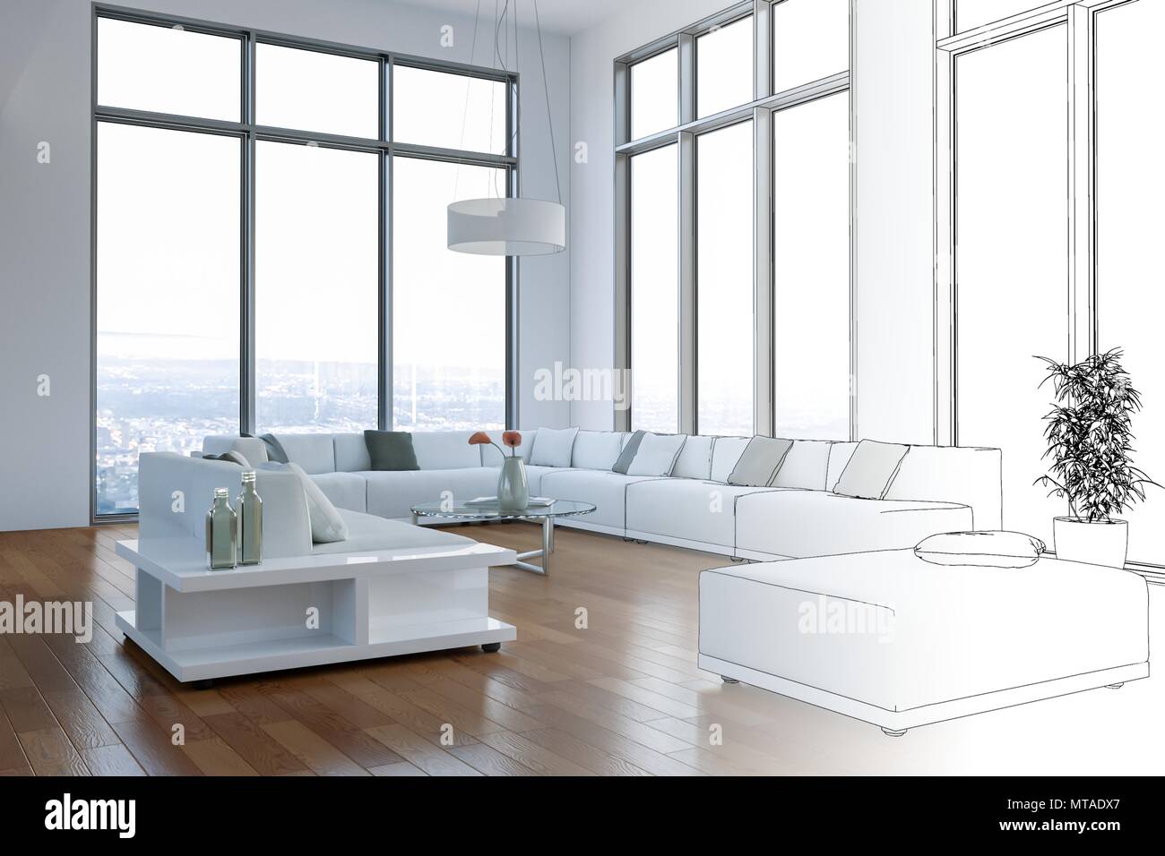 Interior Design Modern Loft Drawing Gradation Into Photograph Stock ...