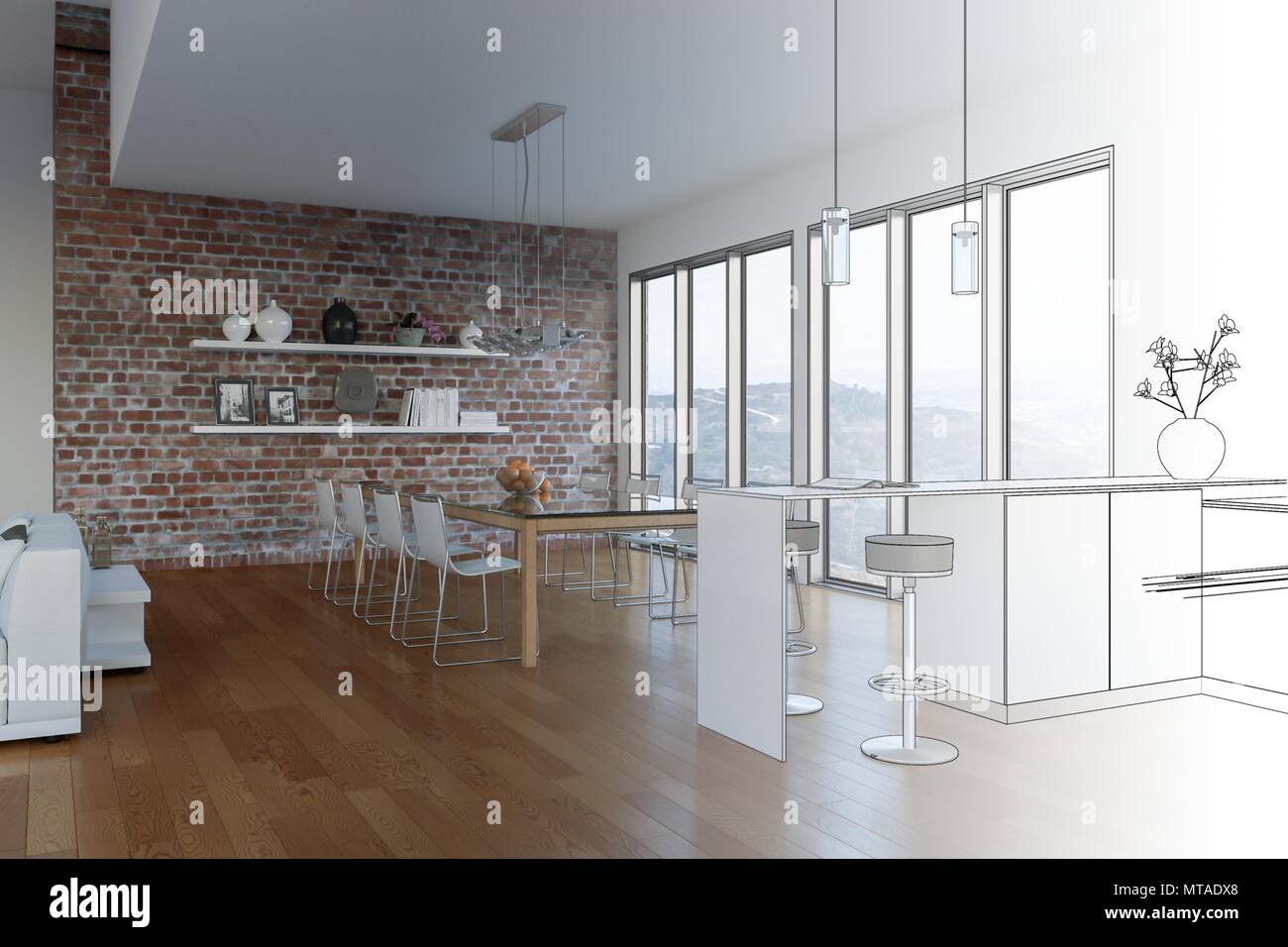 Interior Design Modern Loft Drawing Gradation Into Photograph Stock ...