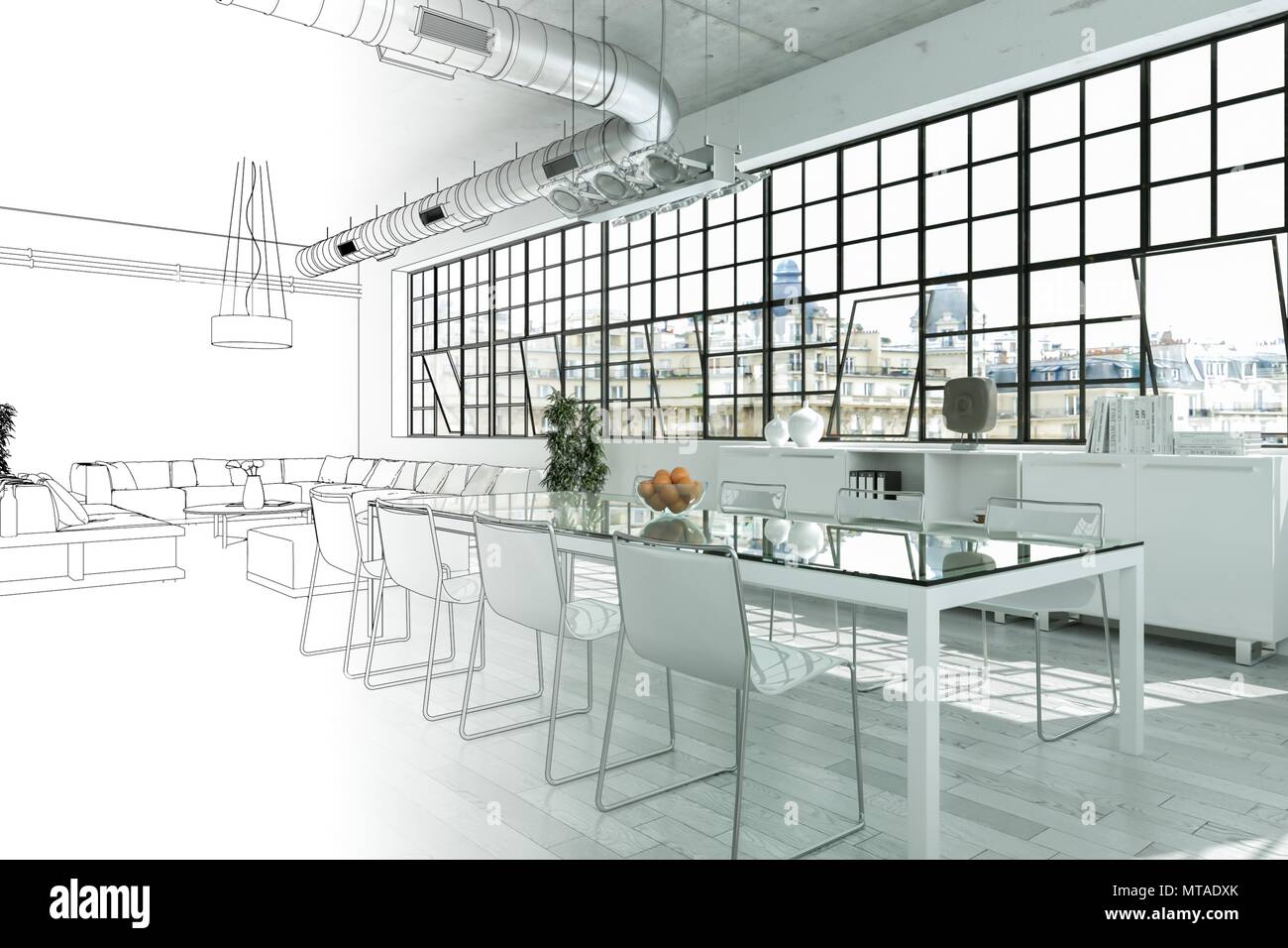 Interior Design Modern Loft Drawing Gradation Into Photograph Stock ...