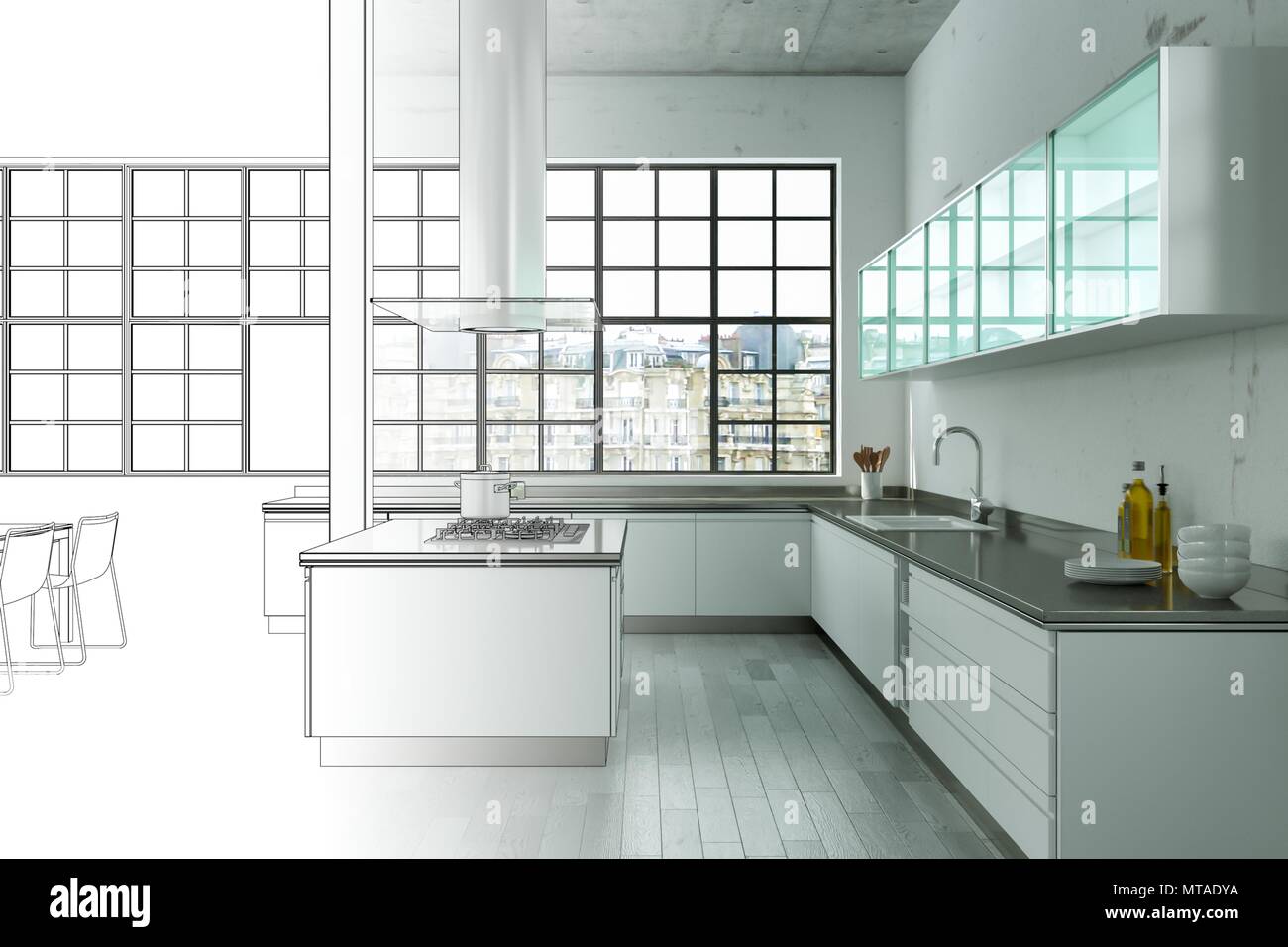 Interior Design Modern Loft Drawing Gradation Into Photograph Stock ...