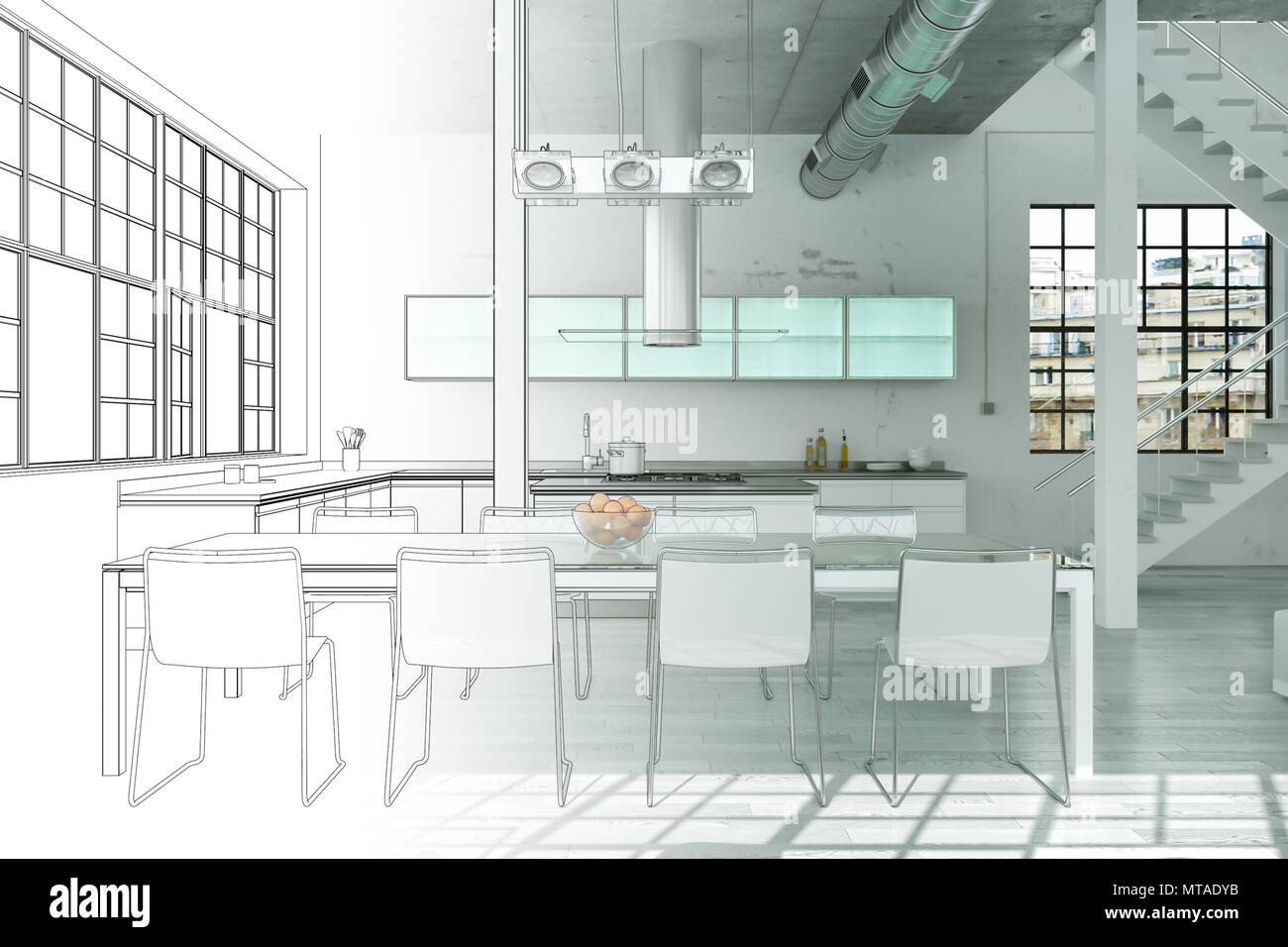 Interior Design Modern Loft Drawing Gradation Into Photograph Stock ...