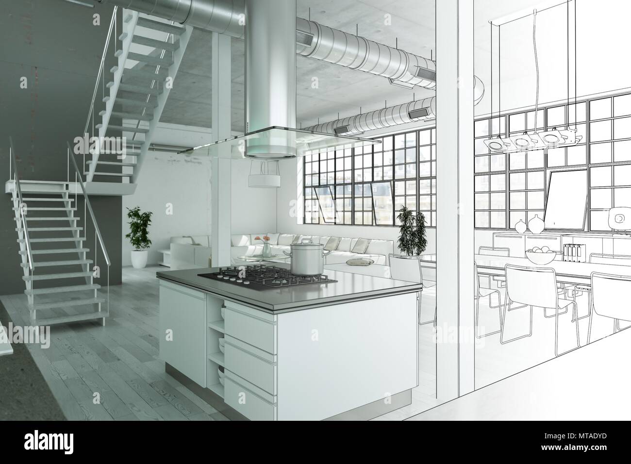 Interior Design Modern Loft Drawing Gradation Into Photograph Stock ...