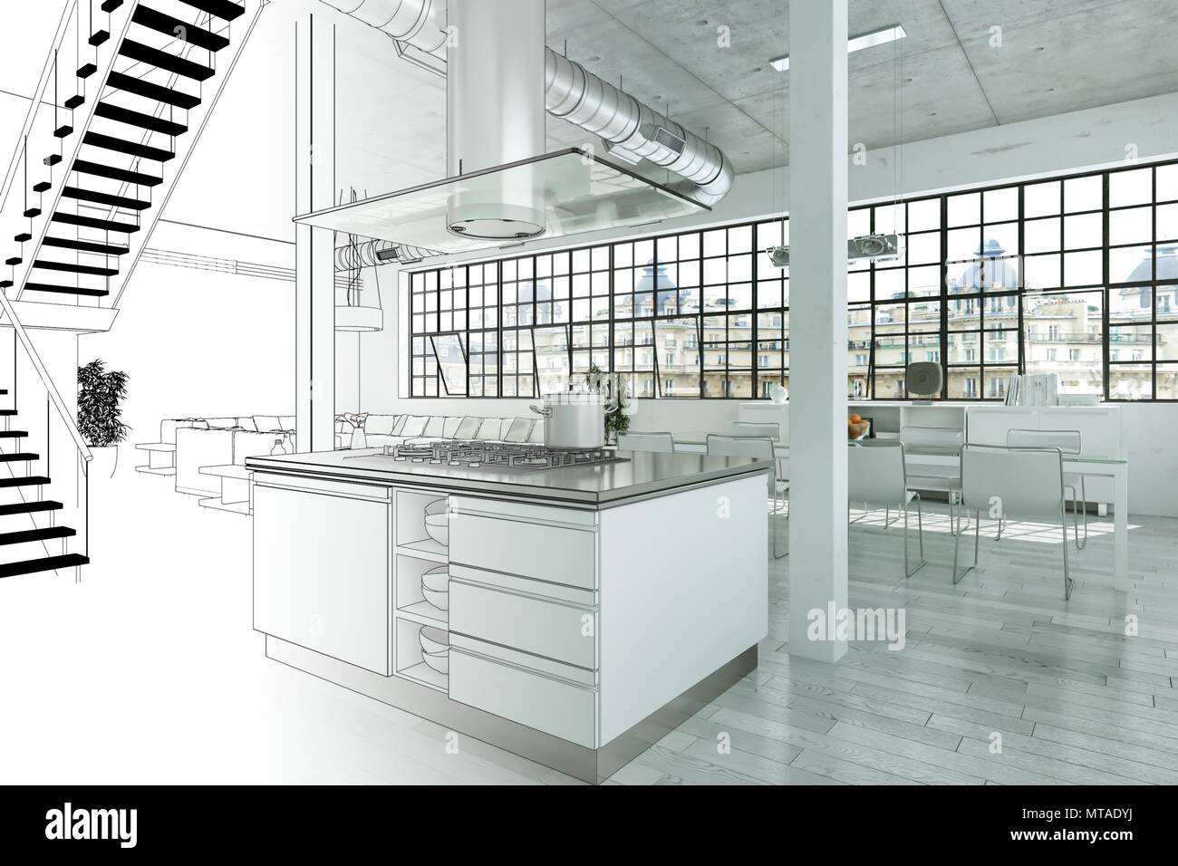 Interior Design Modern Loft Drawing Gradation Into Photograph Stock ...