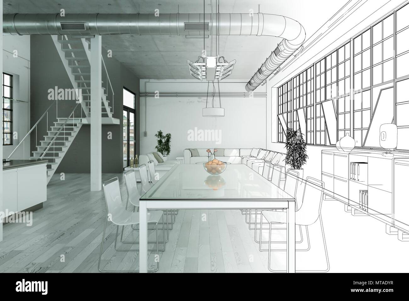 Interior Design Modern Loft Drawing Gradation Into Photograph Stock ...