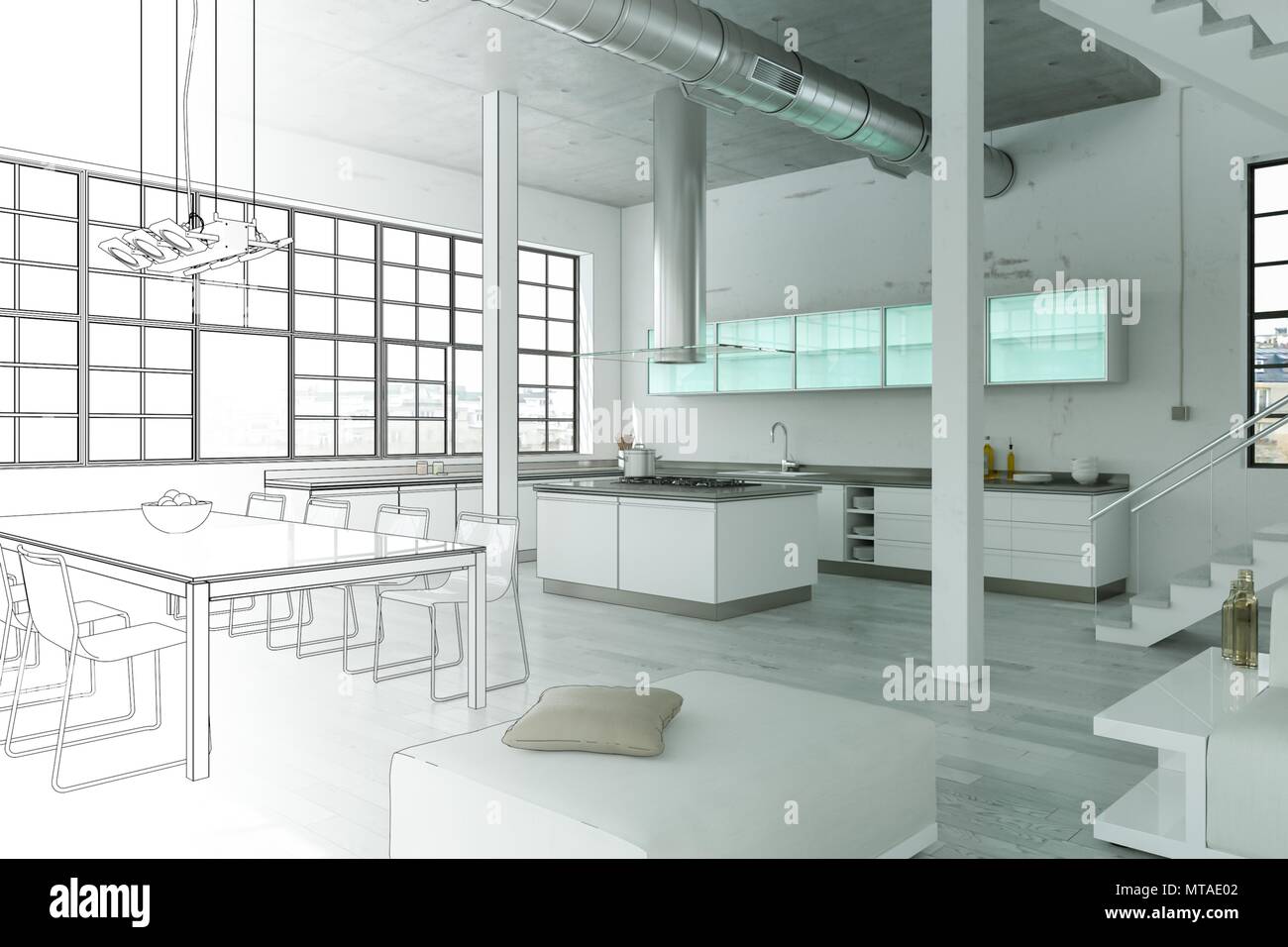 Interior Design Modern Loft Drawing Gradation Into Photograph Stock ...