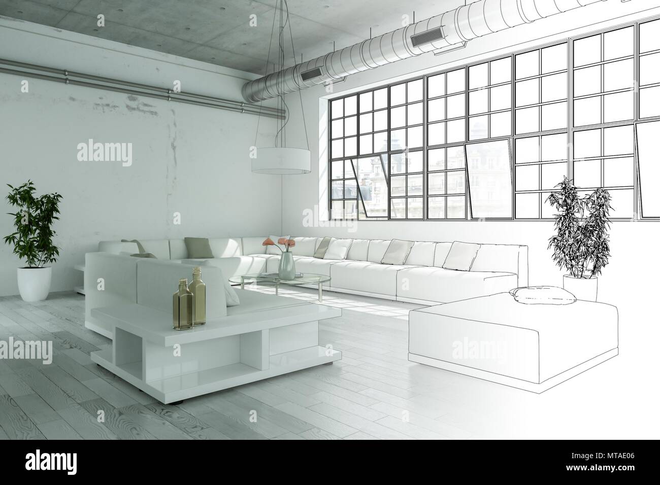 Interior Design Modern Loft Drawing Gradation Into Photograph Stock ...