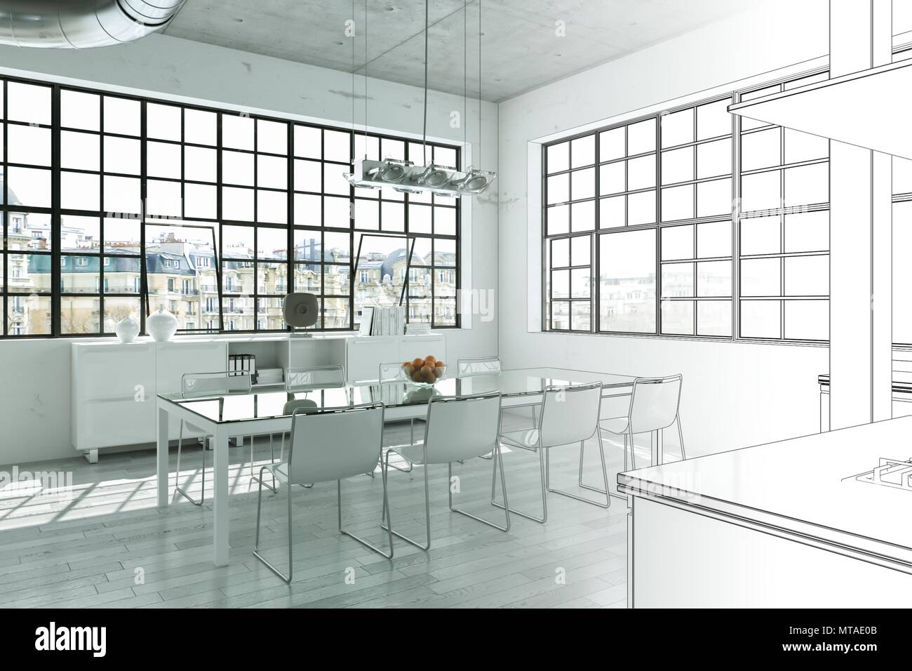 Interior Design Modern Loft Drawing Gradation Into Photograph Stock ...