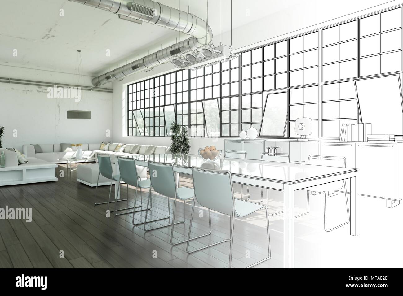 Interior Design Modern Loft Drawing Gradation Into Photograph Stock ...