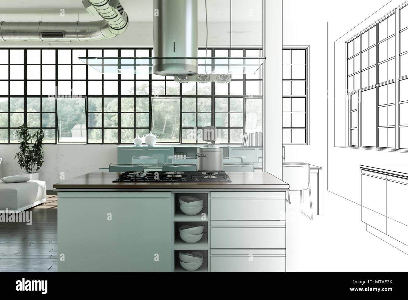 Interior Design Modern Loft Drawing Gradation Into Photograph Stock ...