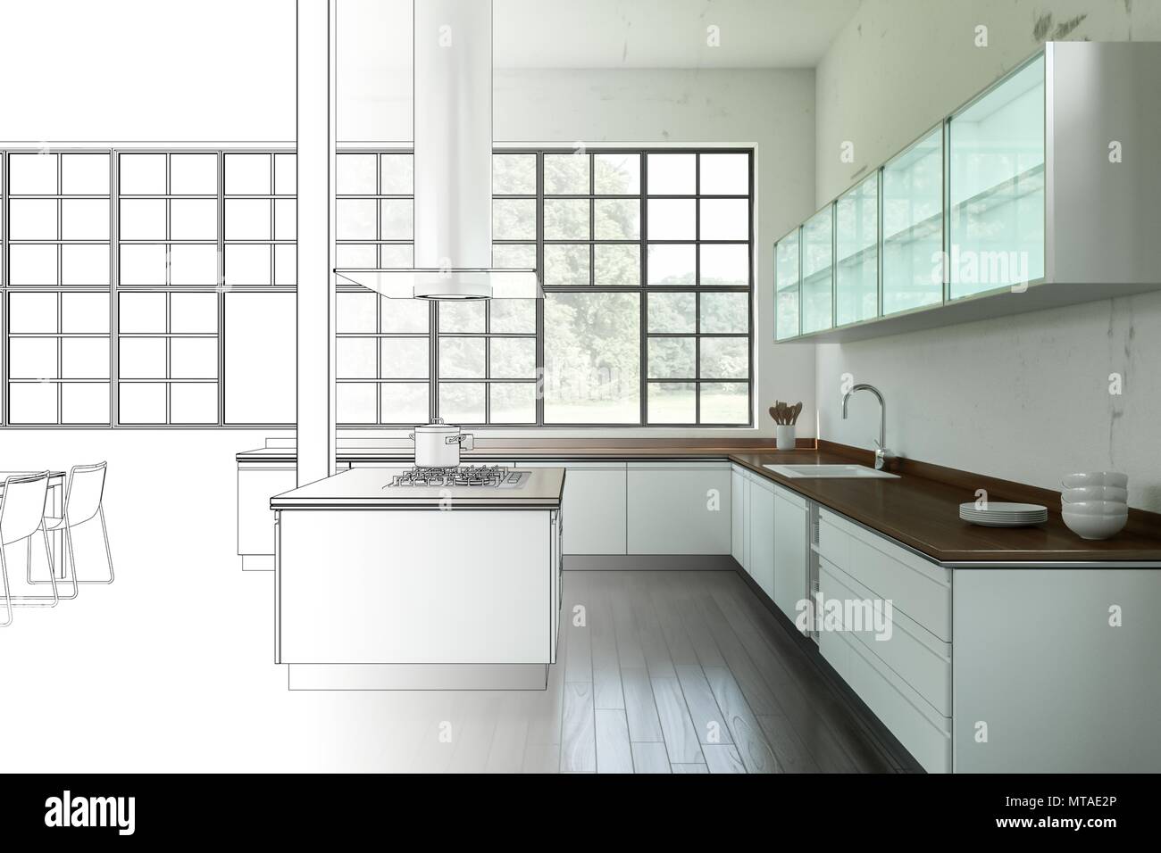 Interior Design Modern Loft Drawing Gradation Into Photograph Stock ...