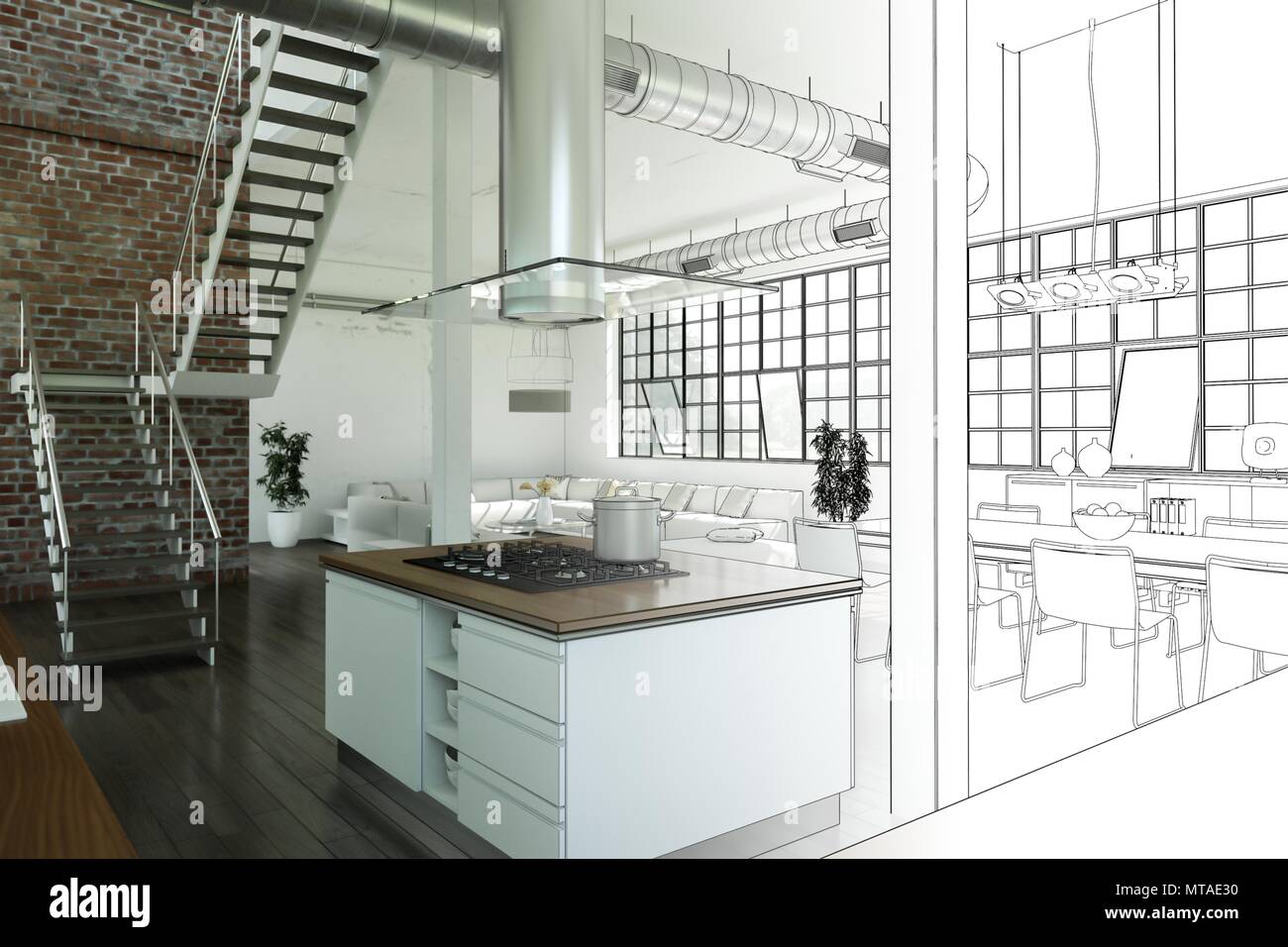 Interior Design Modern Loft Drawing Gradation Into Photograph Stock ...