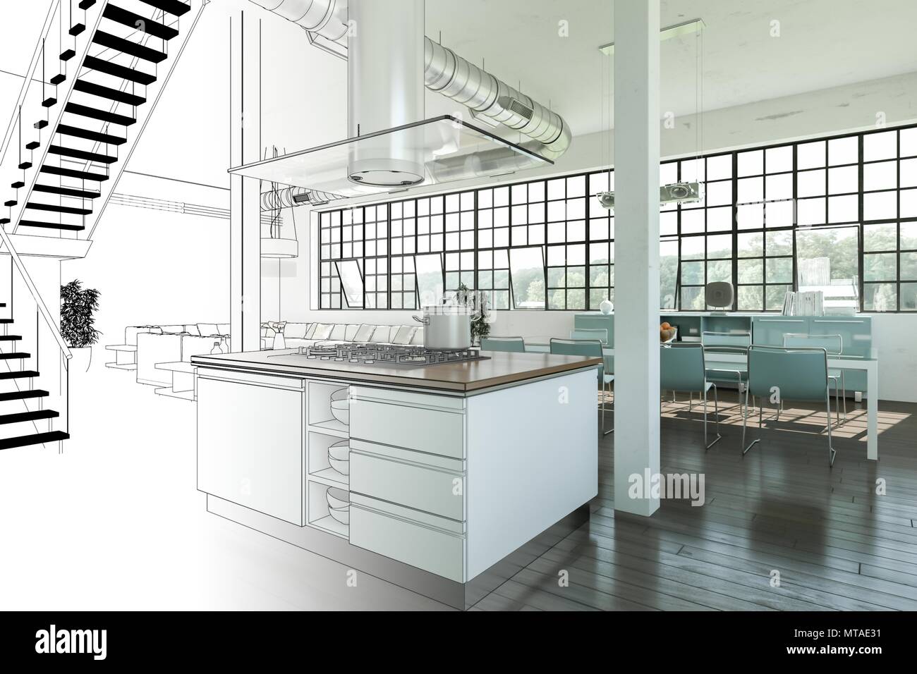 Interior Design Modern Loft Drawing Gradation Into Photograph Stock ...