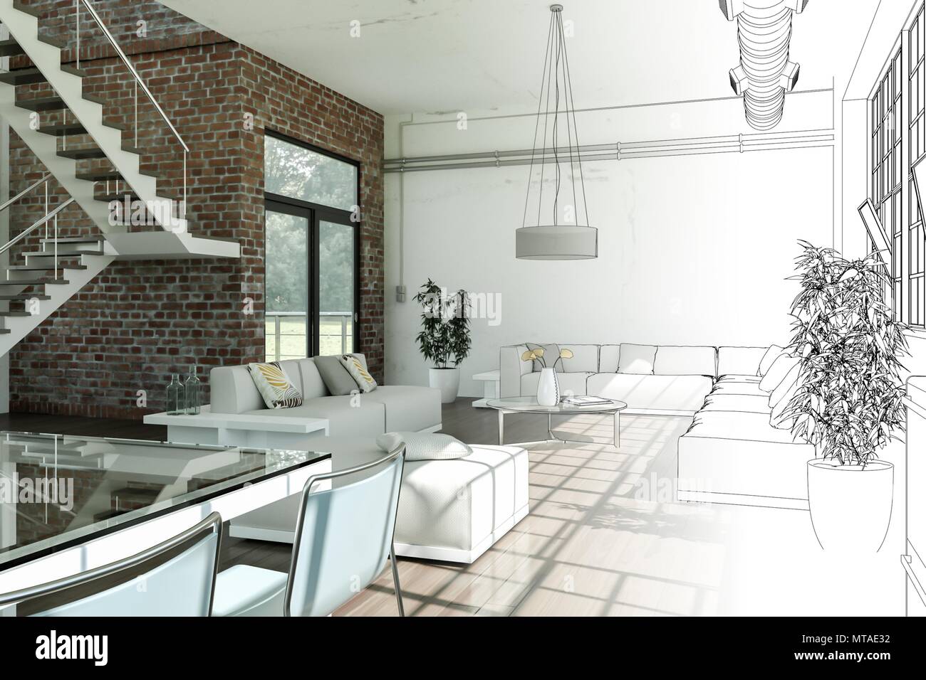 Interior Design Modern Loft Drawing Gradation Into Photograph Stock ...