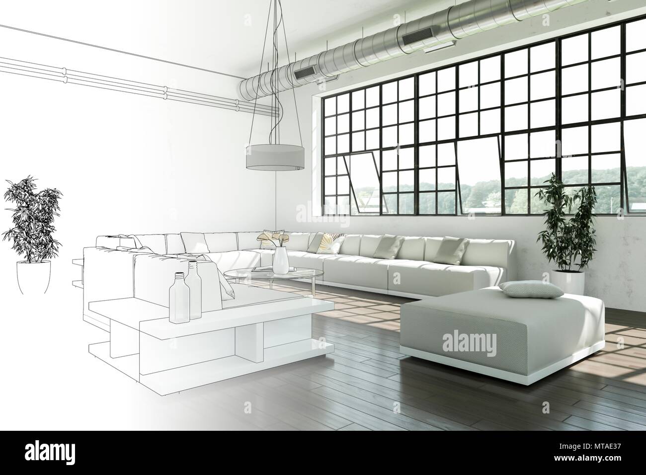 Interior Design Modern Loft Drawing Gradation Into Photograph Stock ...