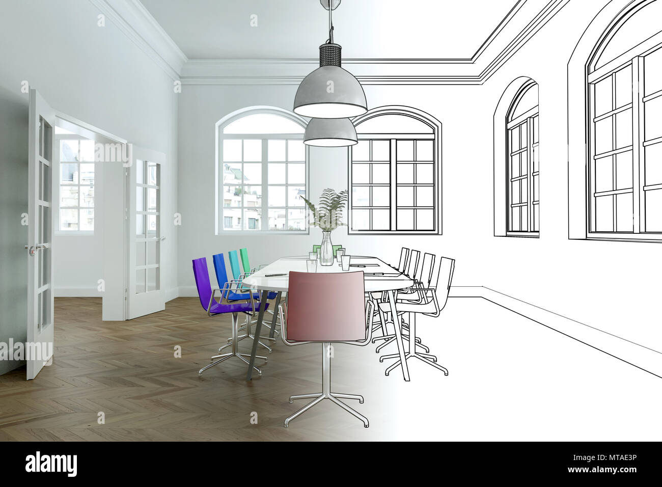Interior Design Office Drawing Gradation Into Photograph Stock Photo ...