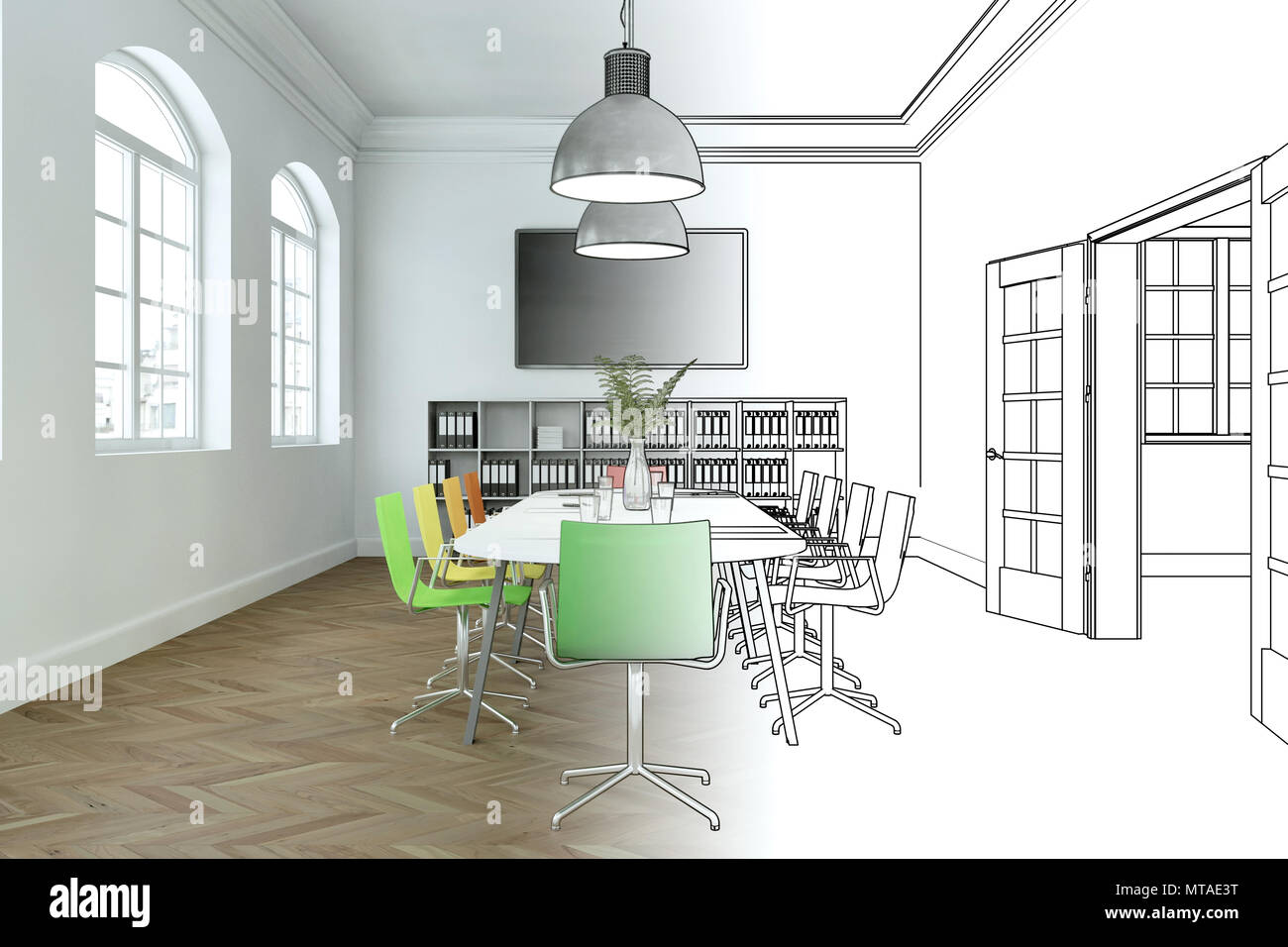 Interior Design Office Drawing Gradation Into Photograph Stock Photo ...