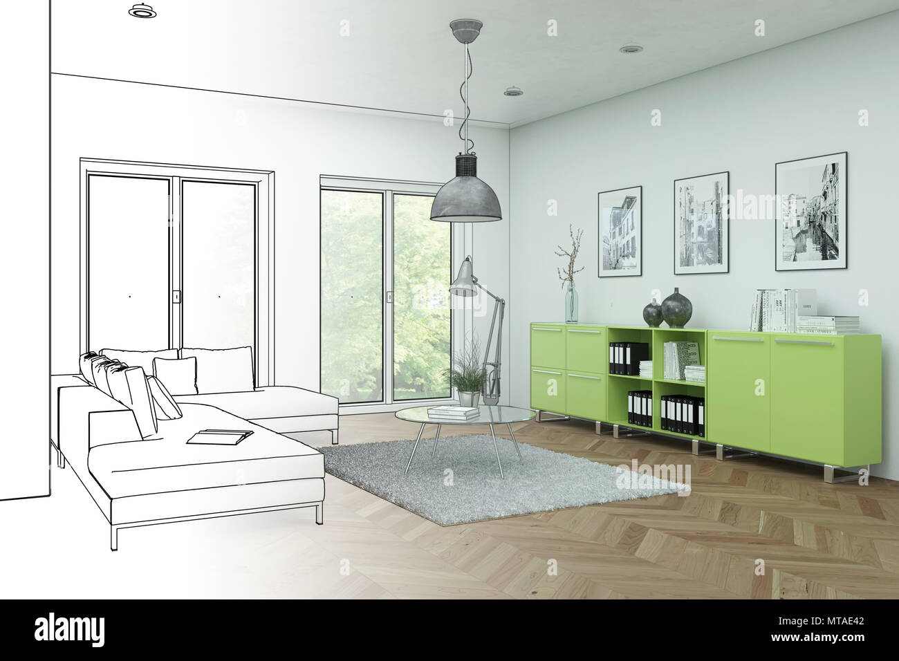 Interior Design Modern Loft Drawing Gradation Into Photograph Stock ...