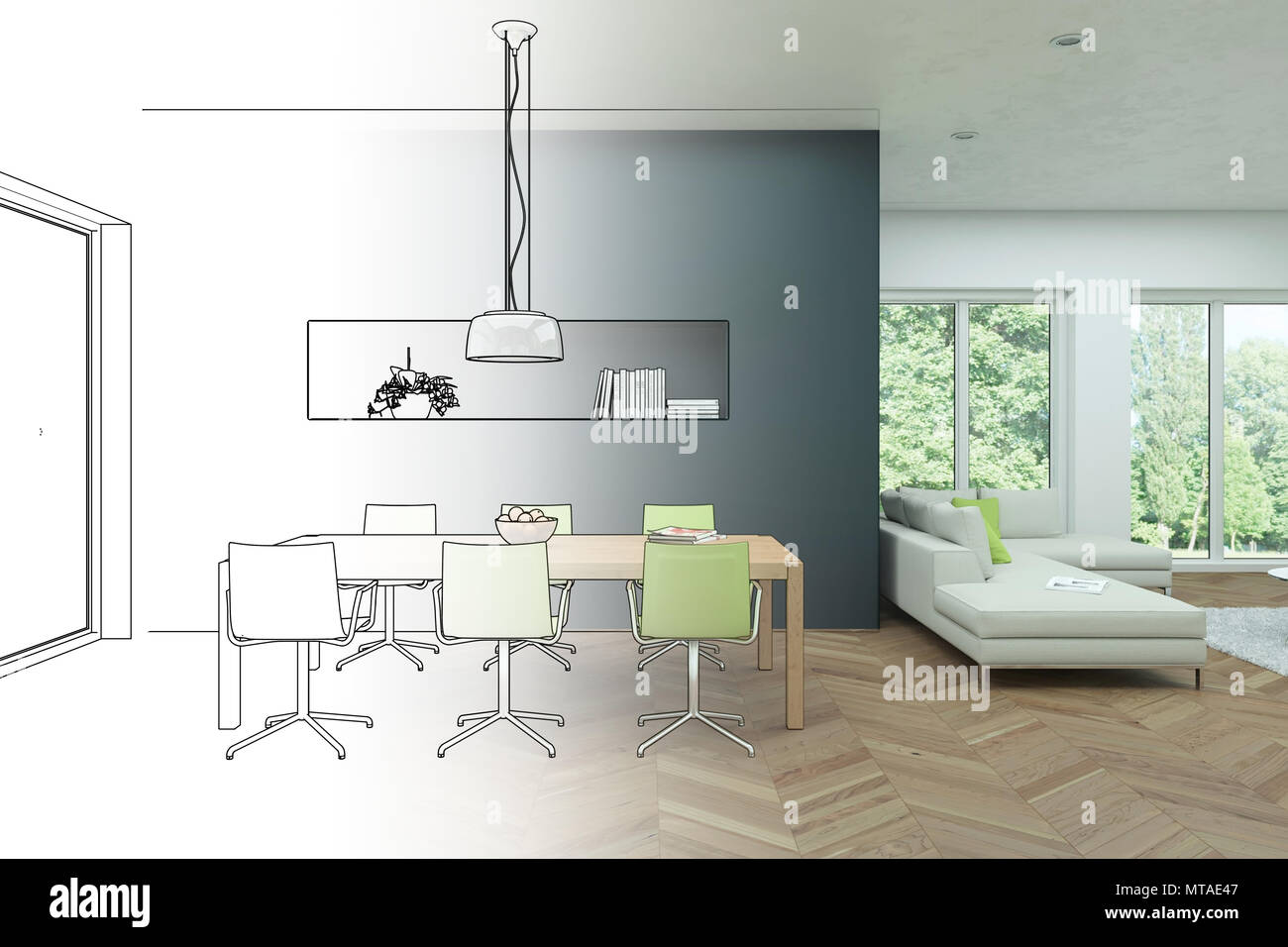 Interior Design Modern Loft Drawing Gradation Into Photograph Stock ...