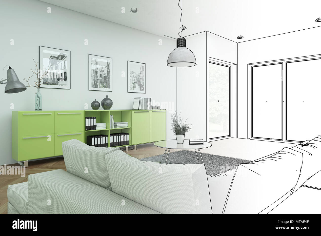 Interior Design Modern Loft Drawing Gradation Into Photograph Stock ...