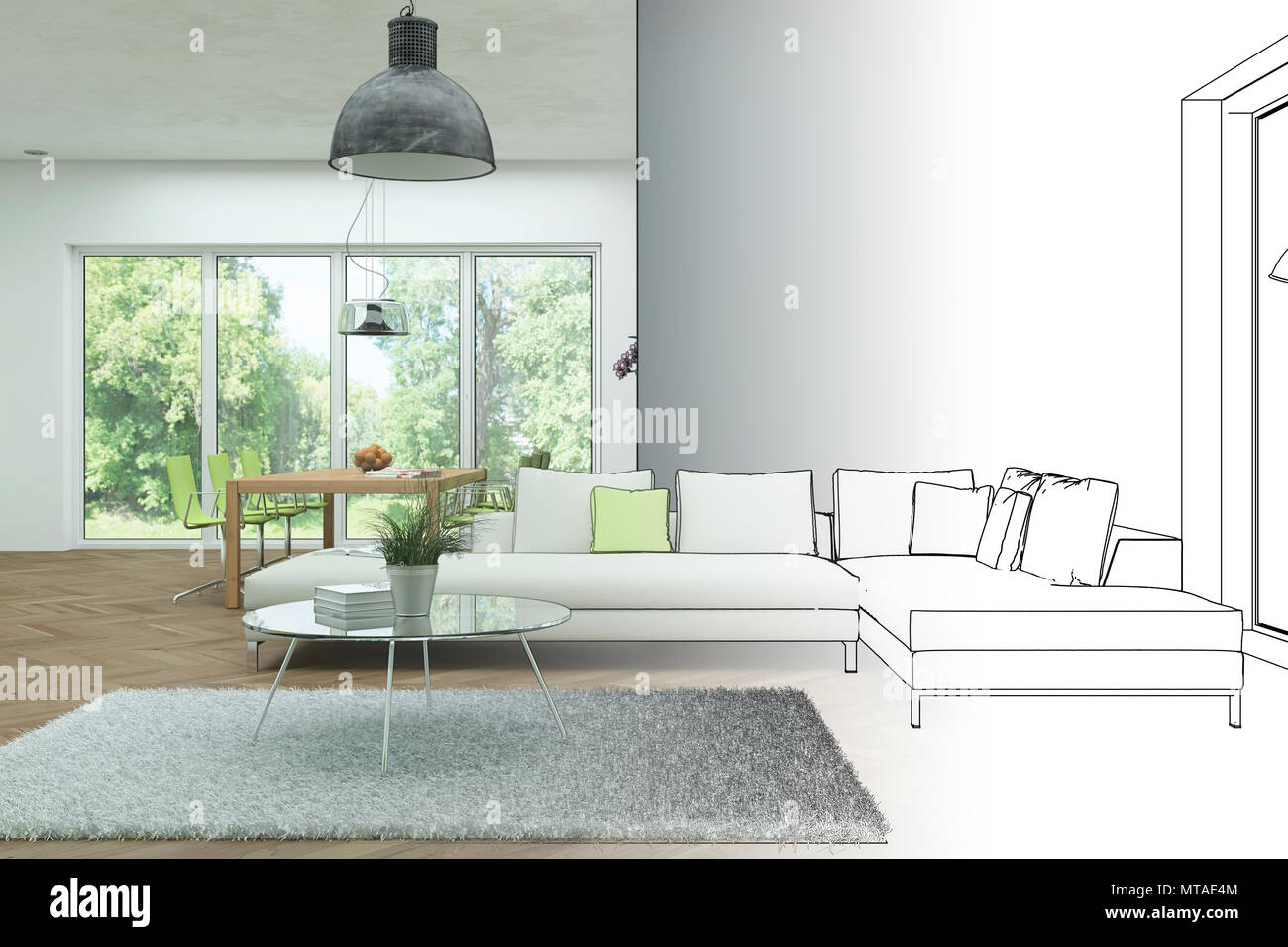 Interior Design Modern Loft Drawing Gradation Into Photograph Stock ...