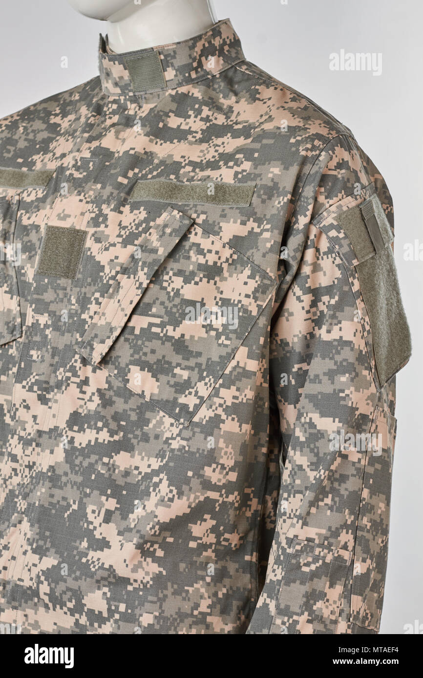 Mannequin in military uniform, cropped view. Close up. White isolated ...