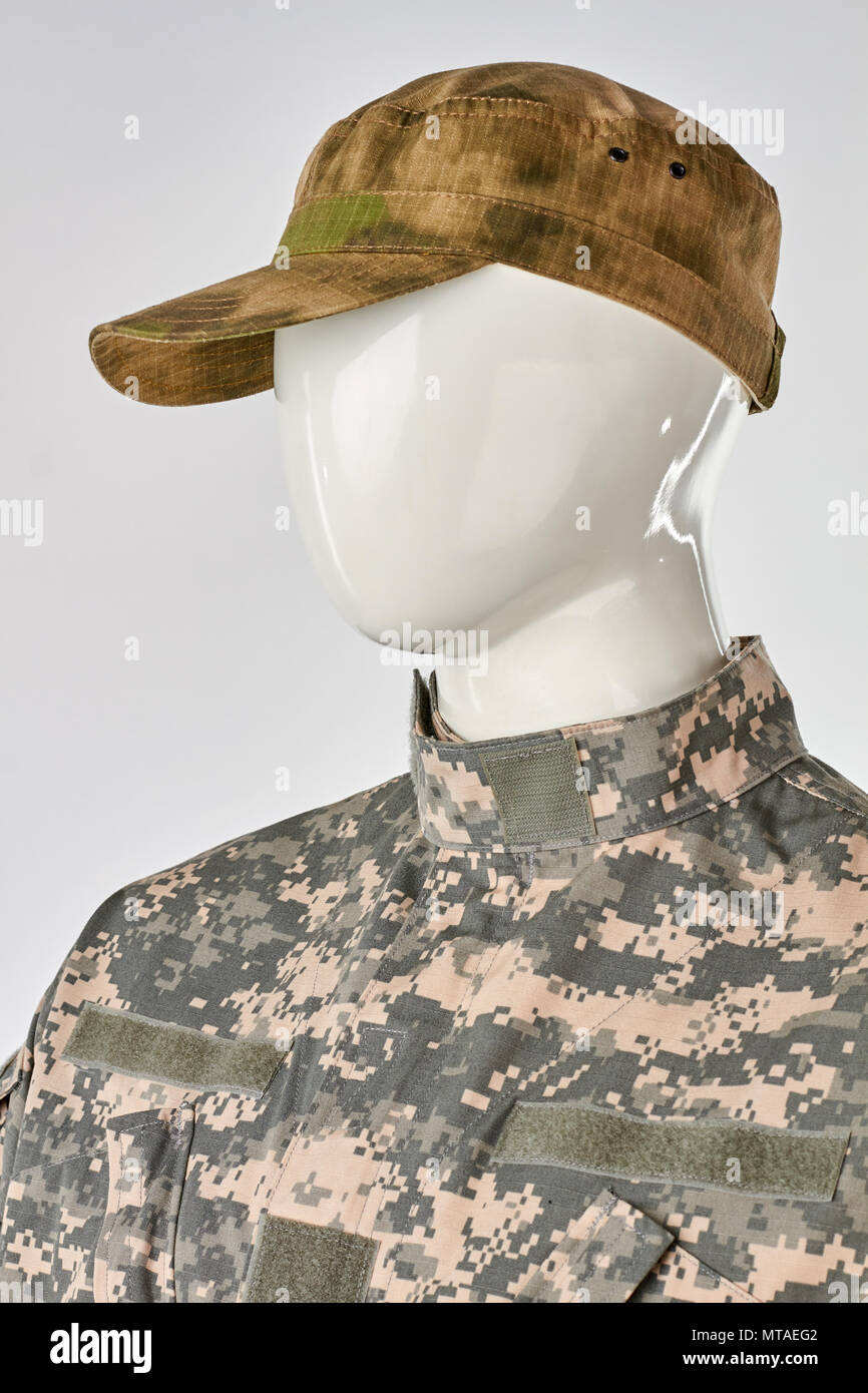 Close up portrait head of mannequin with military cap. White isolated ...