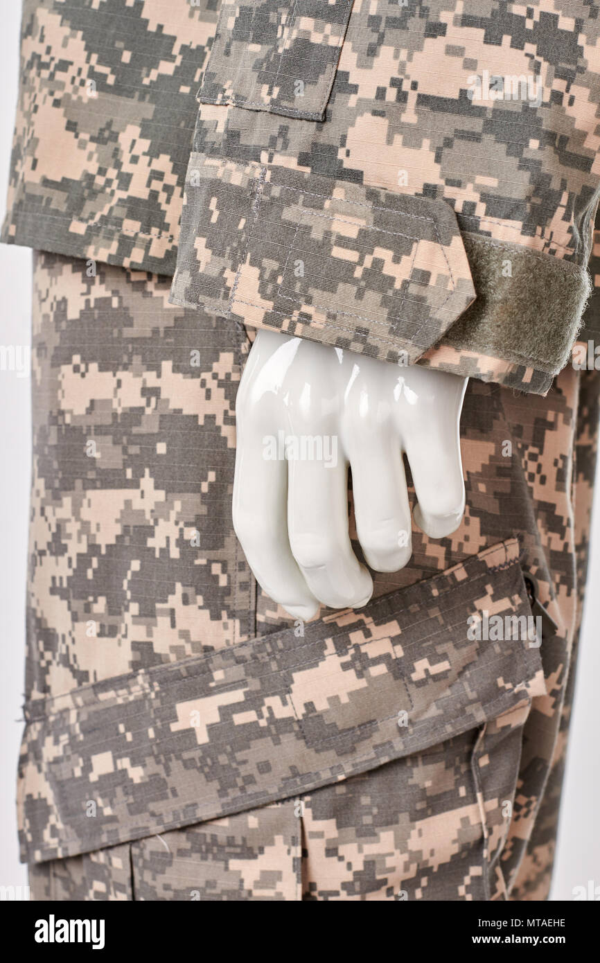 Military clothes sleeve, close up. Mannequin hand Stock Photo - Alamy