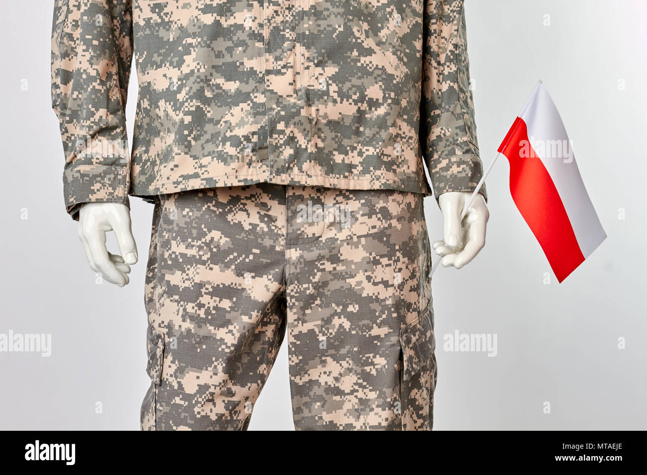 Dummy in army camouflage uniform with poland flag. Patriotic soldier ...