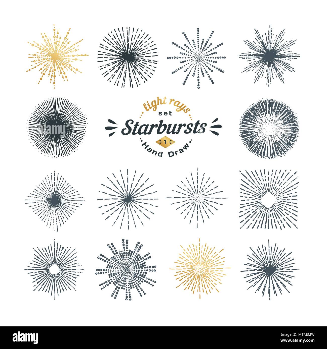 Hand drawn rays and starburst design elements. Collection of sunburst ...