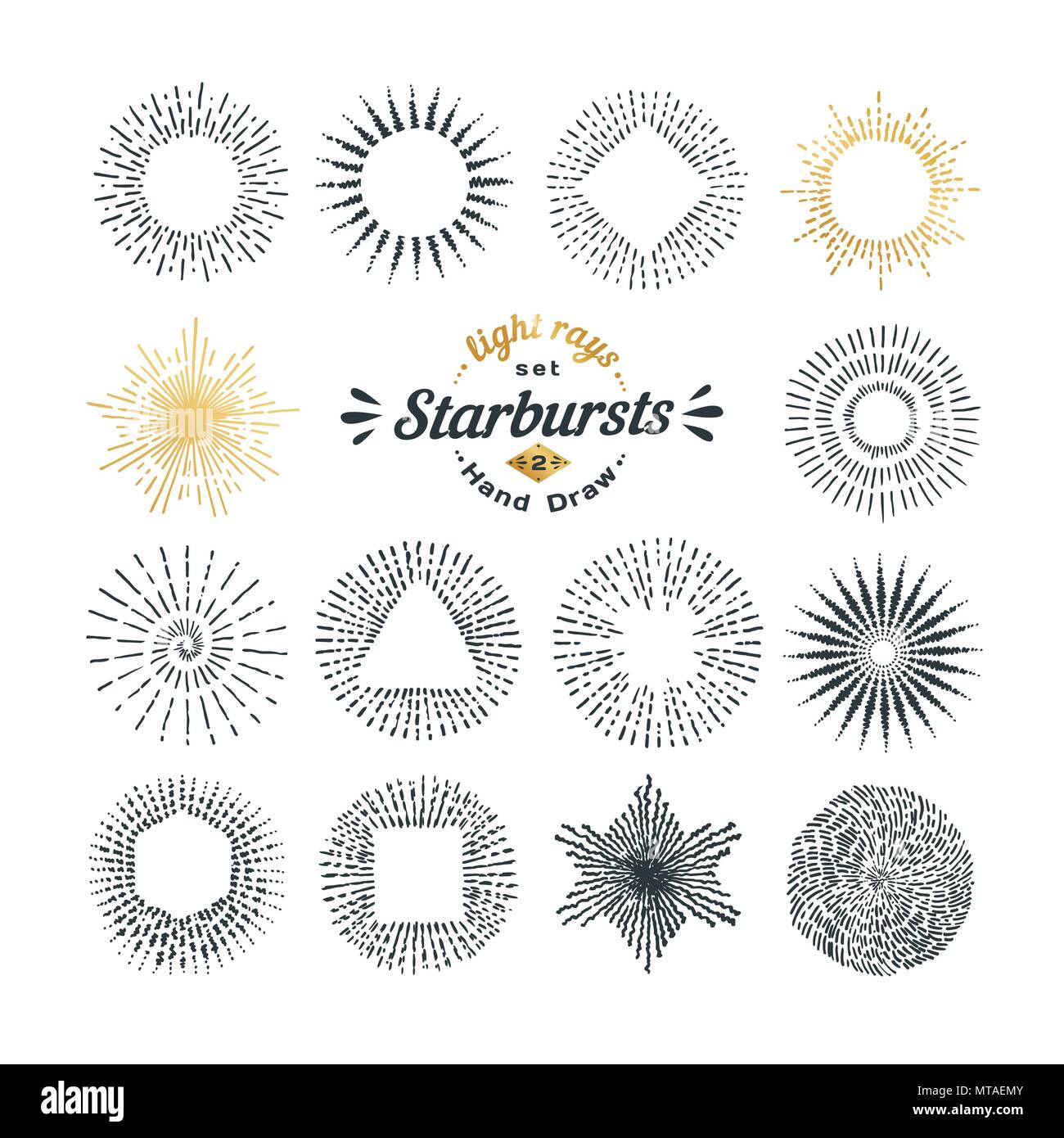 Hand drawn rays and starburst design elements. Collection of sunburst ...