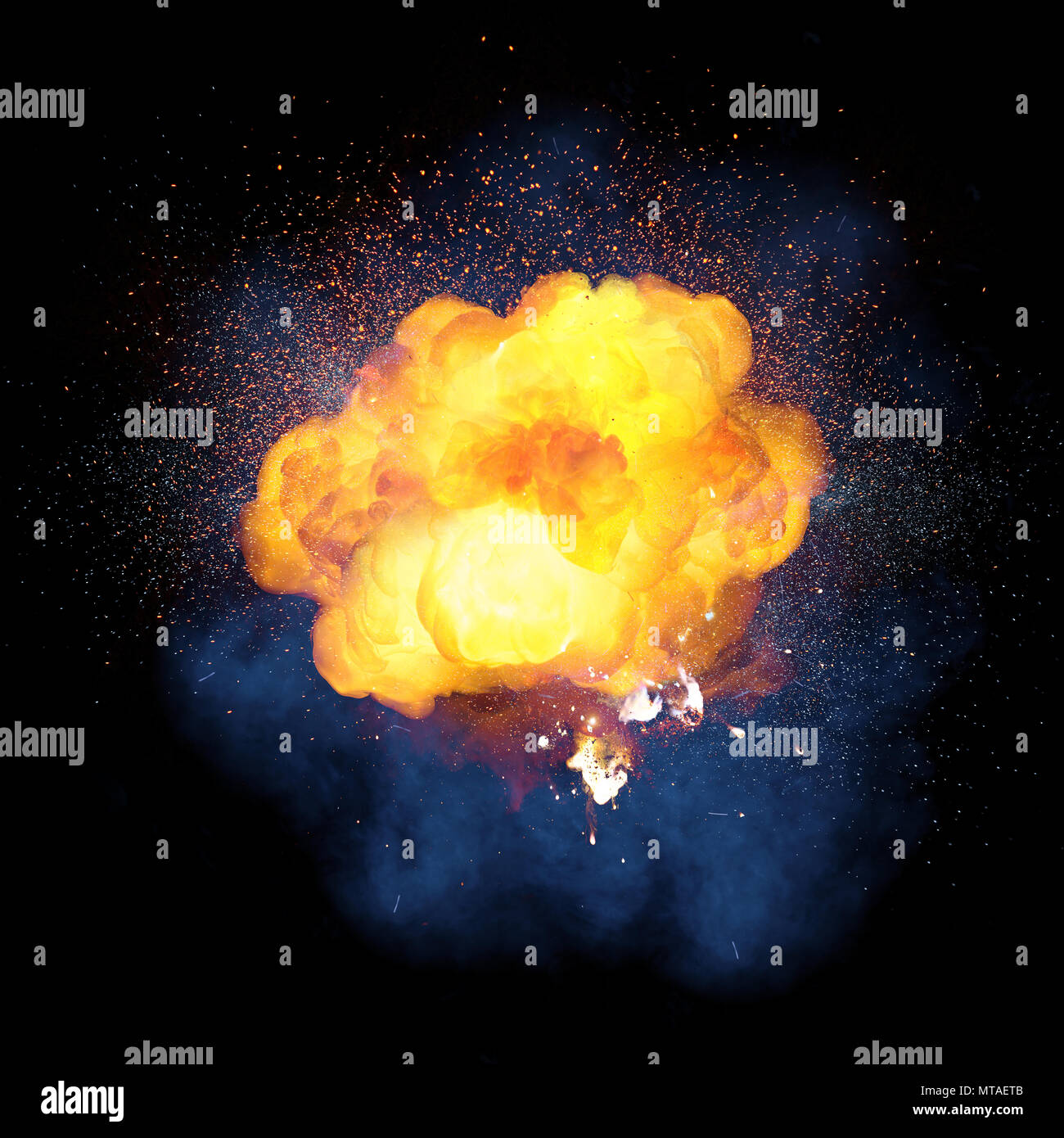 Realistic fiery explosion, orange color with sparks and smoke isolated ...