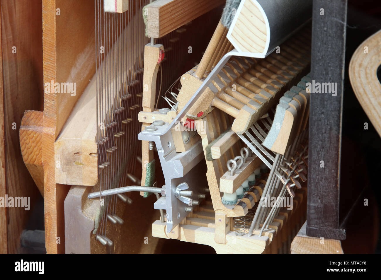 details of piano mechanism gavel - string, pins and hammers Stock Photo ...