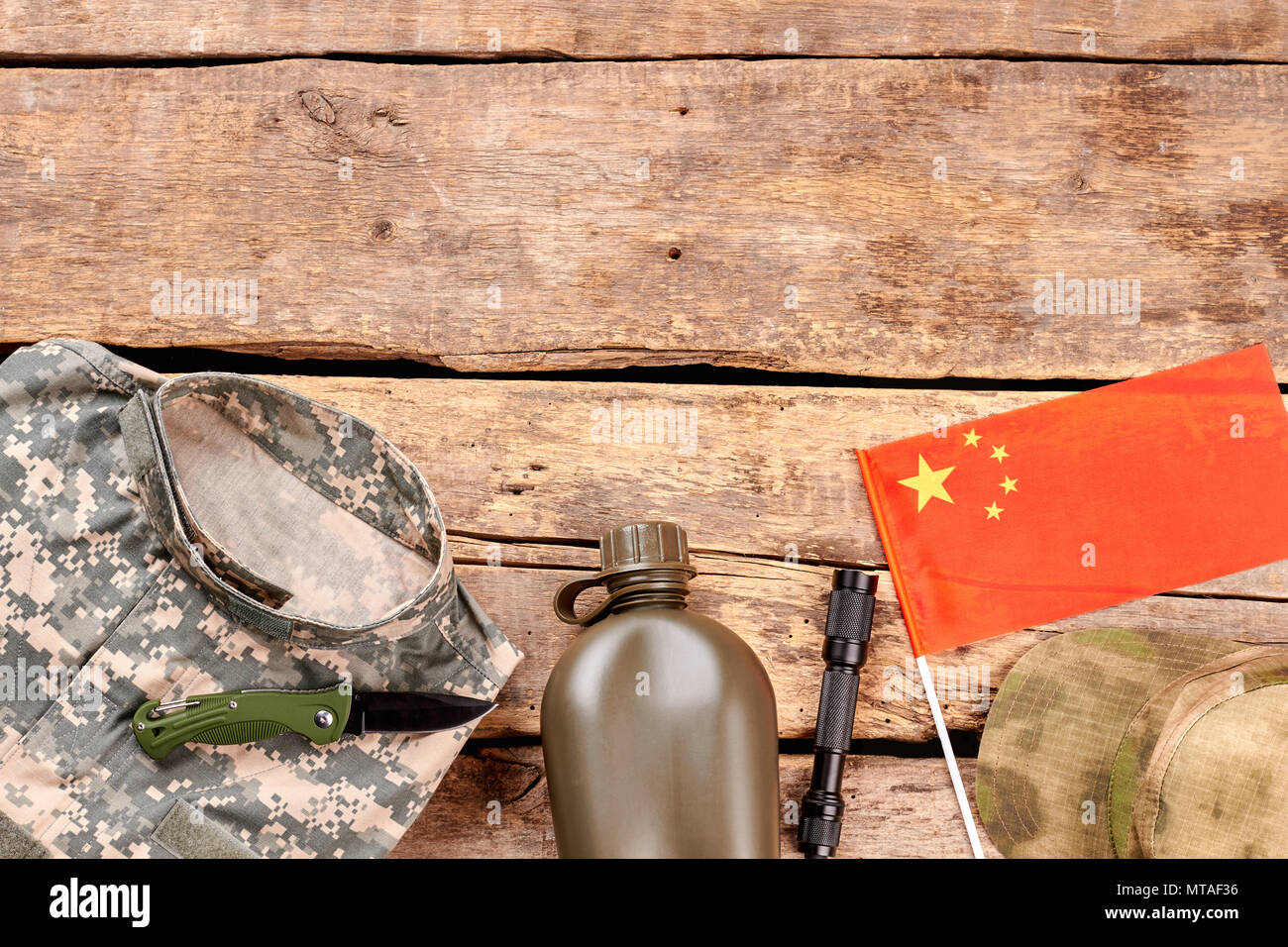 Chinese army soldier items flat lay. Flag of China and military ...
