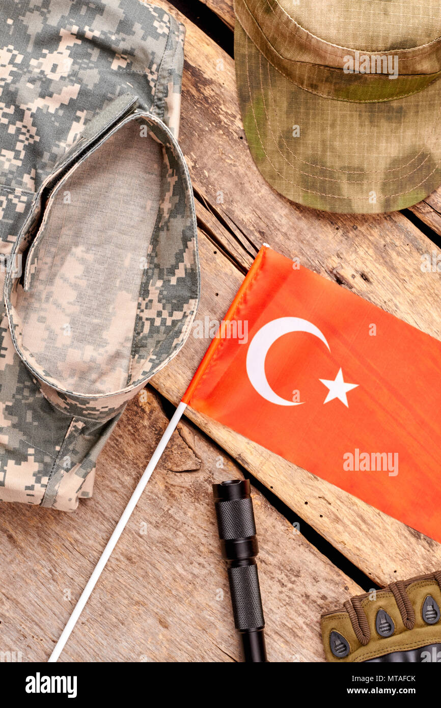 Turkey soldier essentials. Flat lay, top view. Vertical cropped image ...